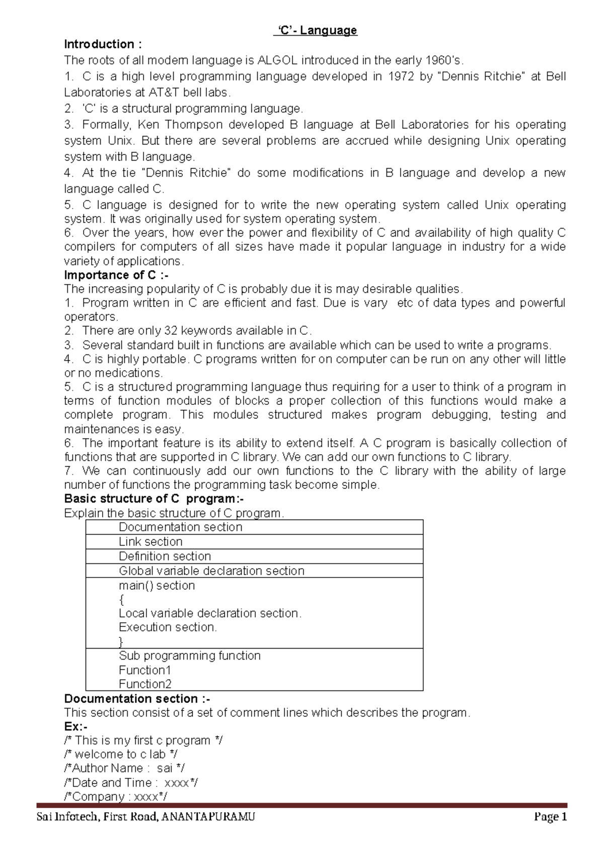 'c' language 2 primi notes 1 - ‘C’- Language Introduction : The roots ...