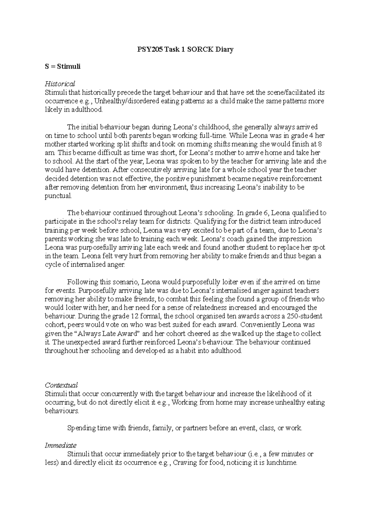 PSY205 Task 1 Sorck Diary - PSY205 Task 1 SORCK Diary S = Stimuli ...