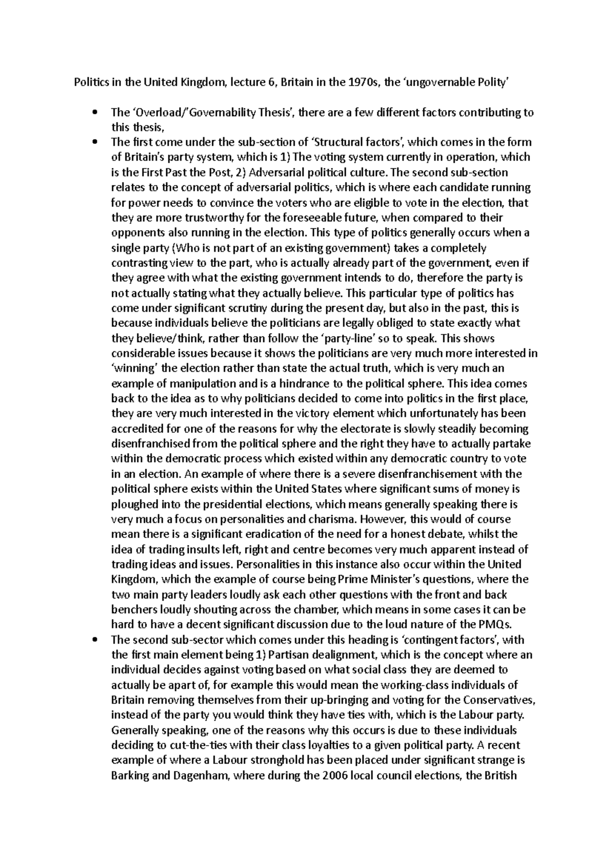 Lecture Six - Politics in the United Kingdom, lecture 6, Britain in the ...