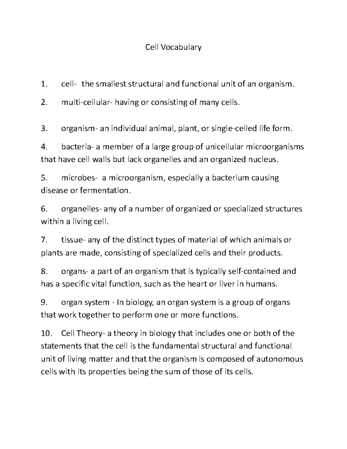Cell Vocabulary - Good - Cell Vocabulary cell- the smallest structural ...
