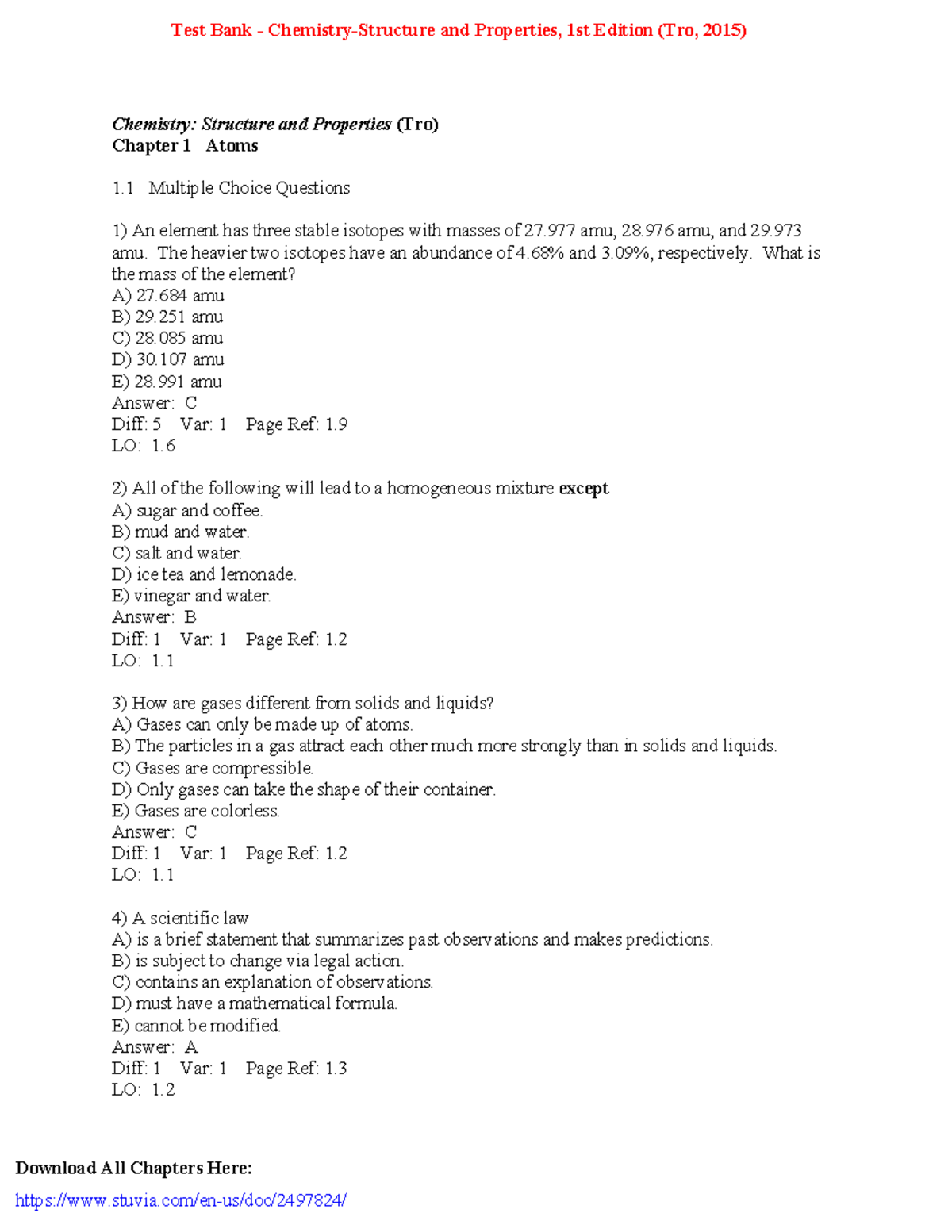 Test Bank - Chemistry-Structure and Properties, 1st Edition (Tro, 2015 ...