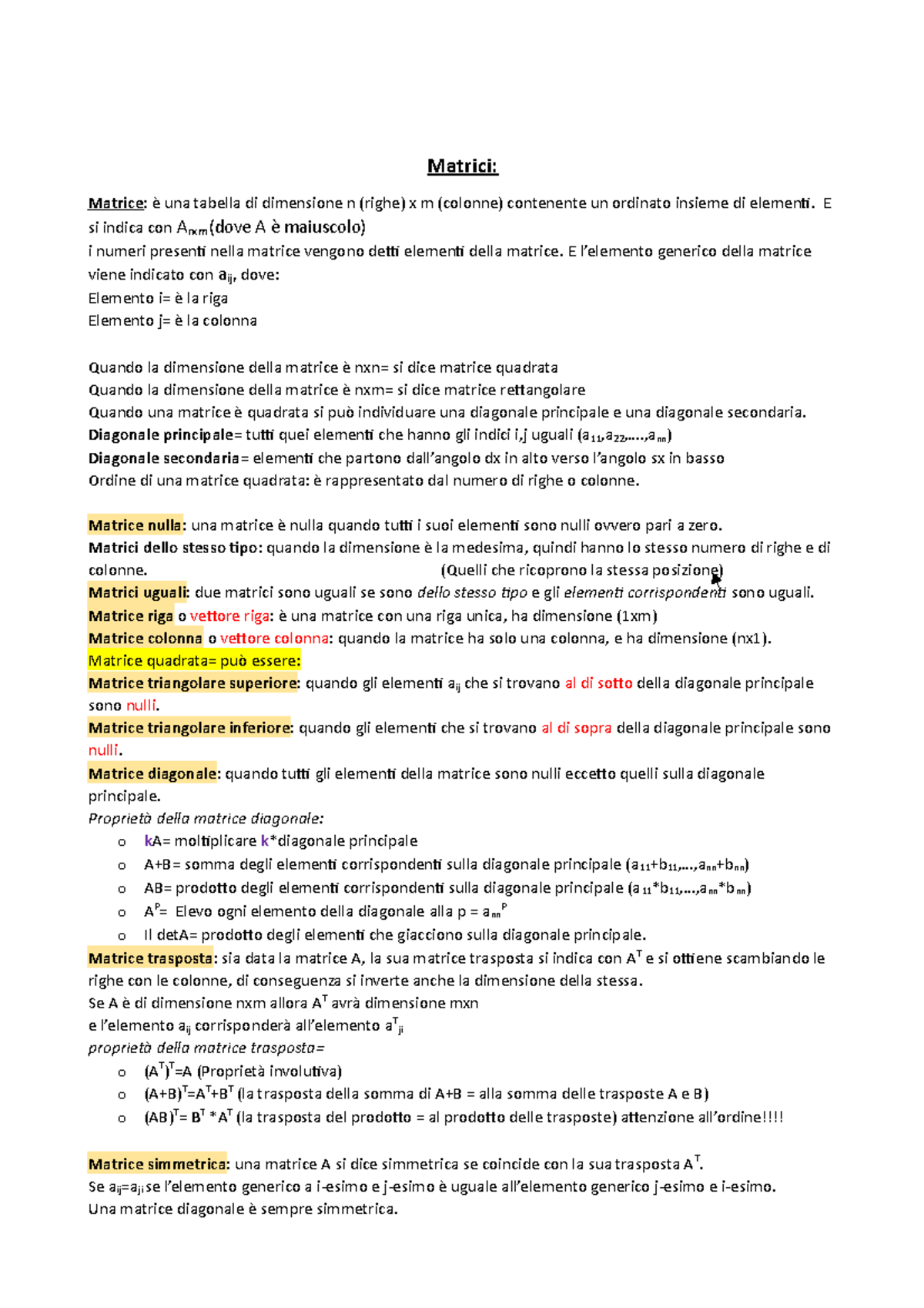riassunto delle matrici (elementi di matematica) - Matrici: Matrice : è ...