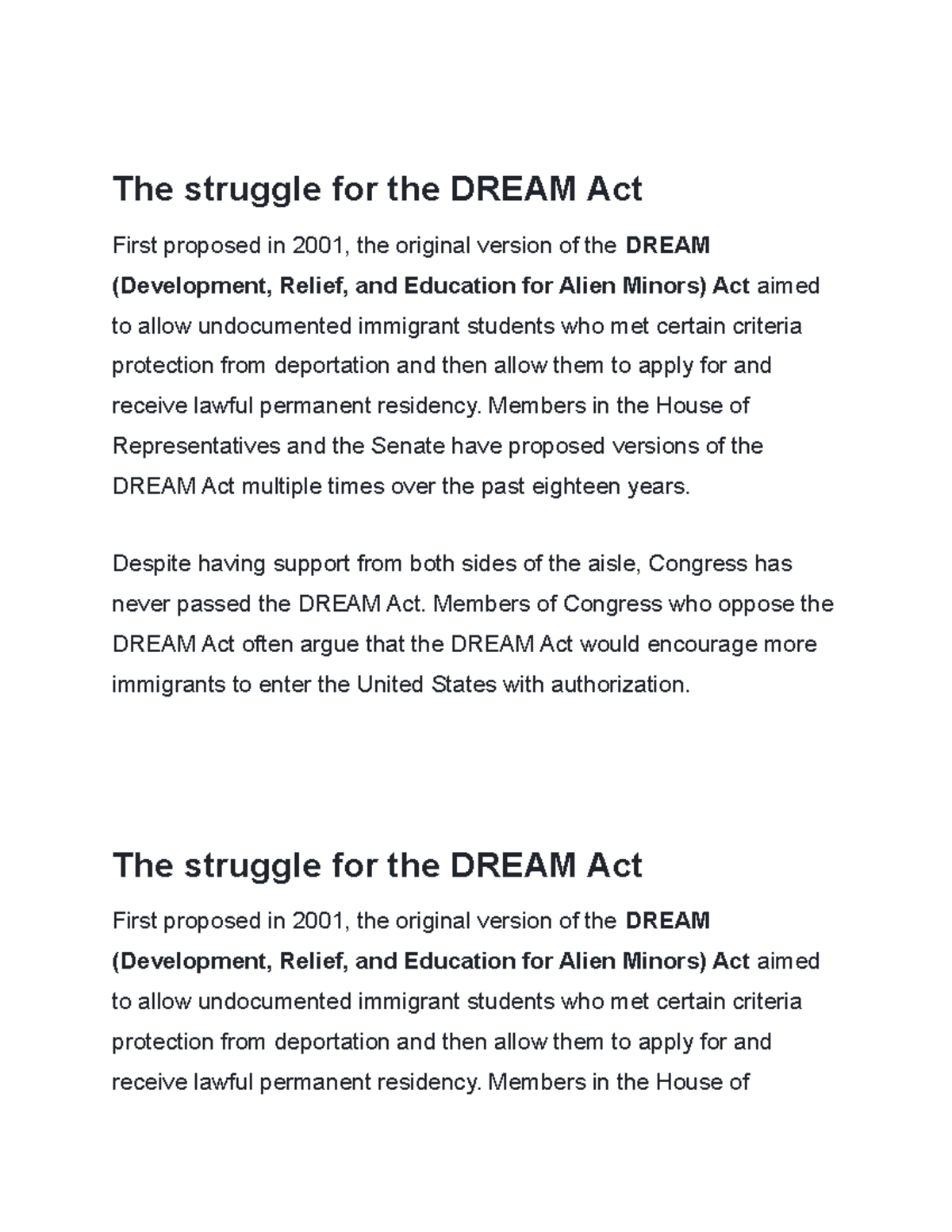 The struggle for the Dream Act - The struggle for the DREAM Act First ...