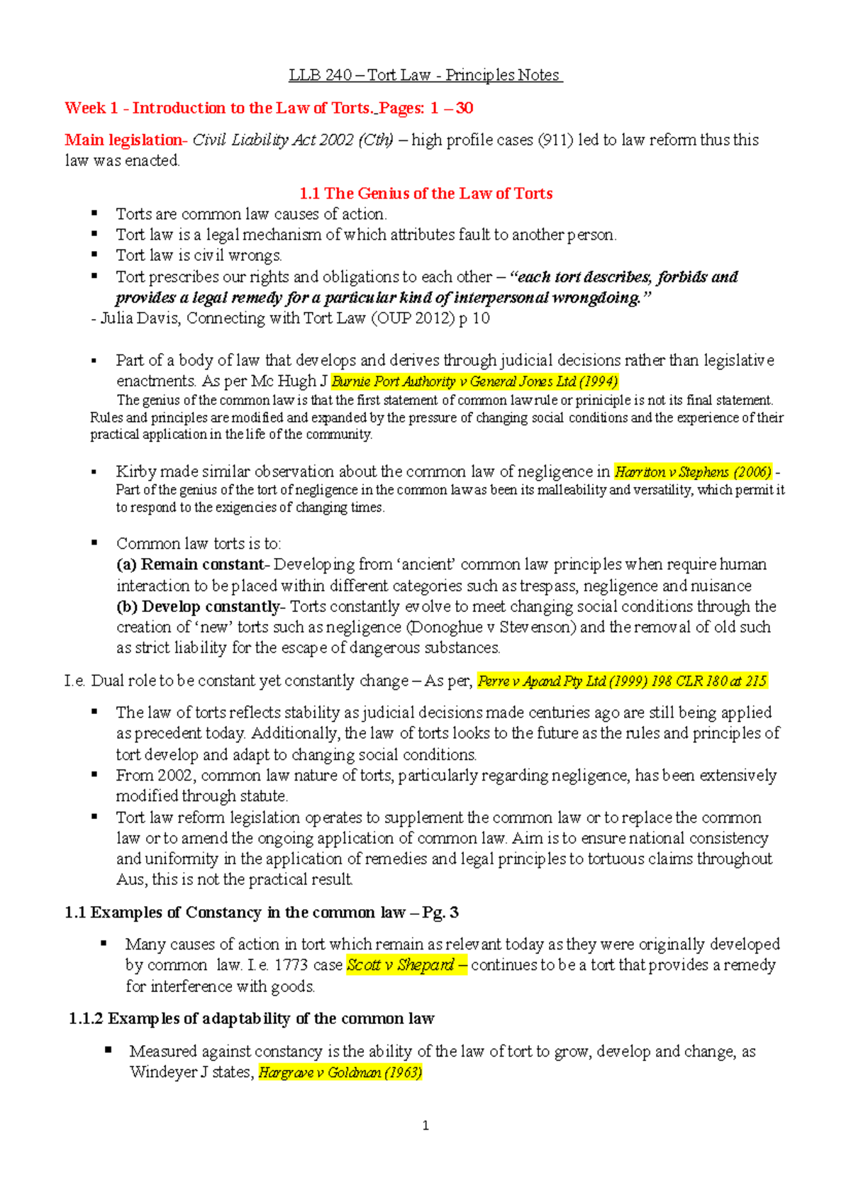 Summary Australian Principles of Tort Law lectures, tutorial work - LLB ...