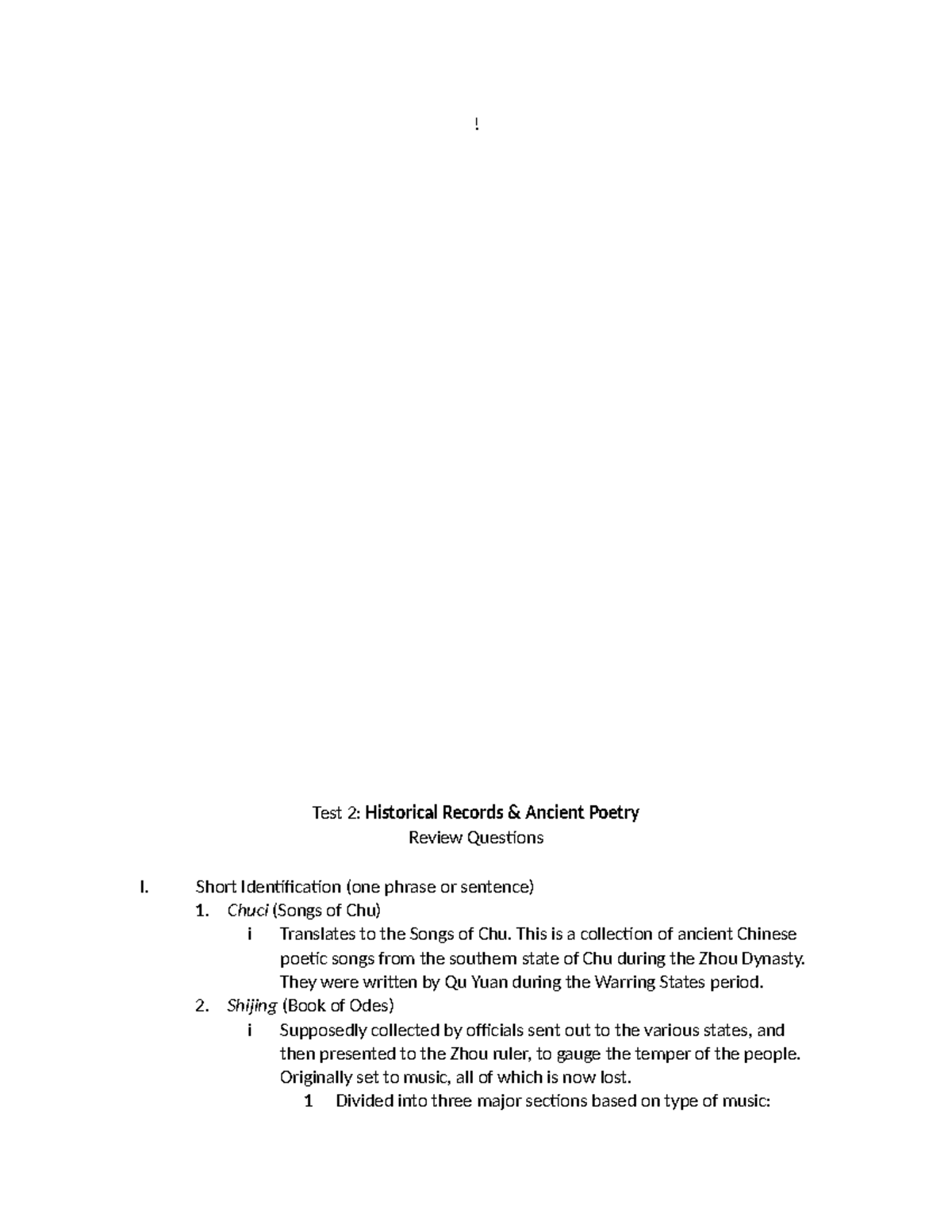 Review Questions Test 2 - ! Test 2: Historical Records & Ancient Poetry ...