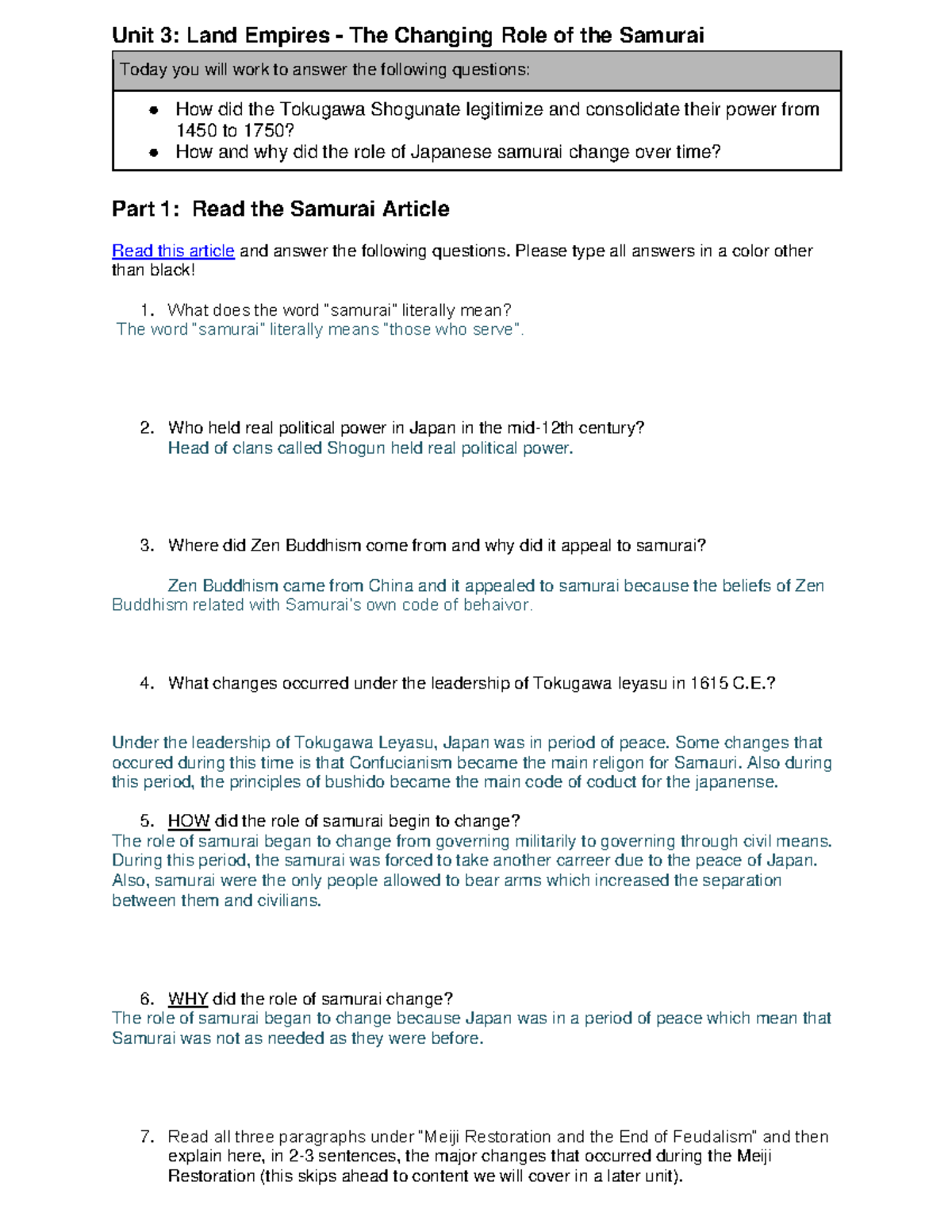 Samurai Webquest-6ba2f9-ffc960 - Unit 3: Land Empires - The Changing ...
