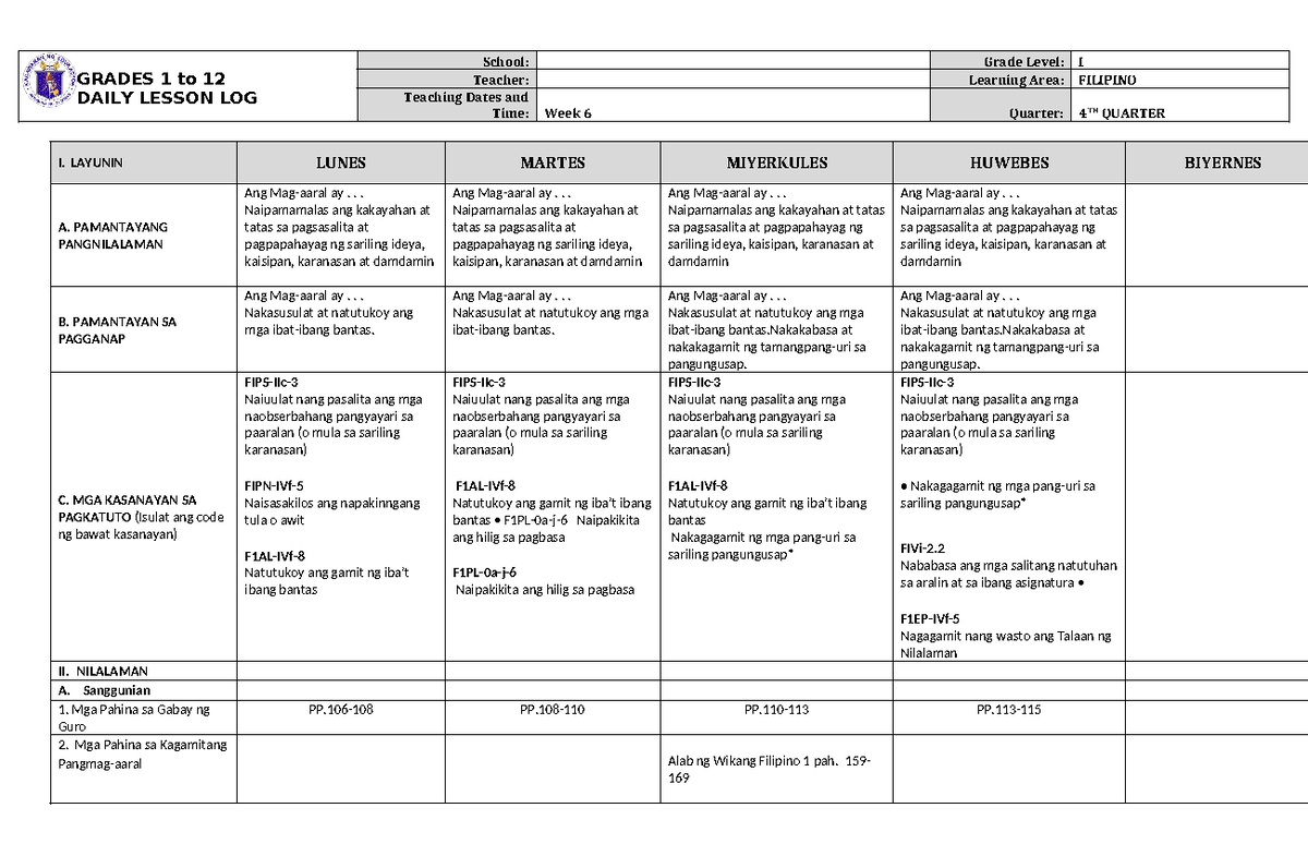 Grade 1 DLL Filipino Q4 Week 6 - GRADES 1 to 12 DAILY LESSON LOG School ...