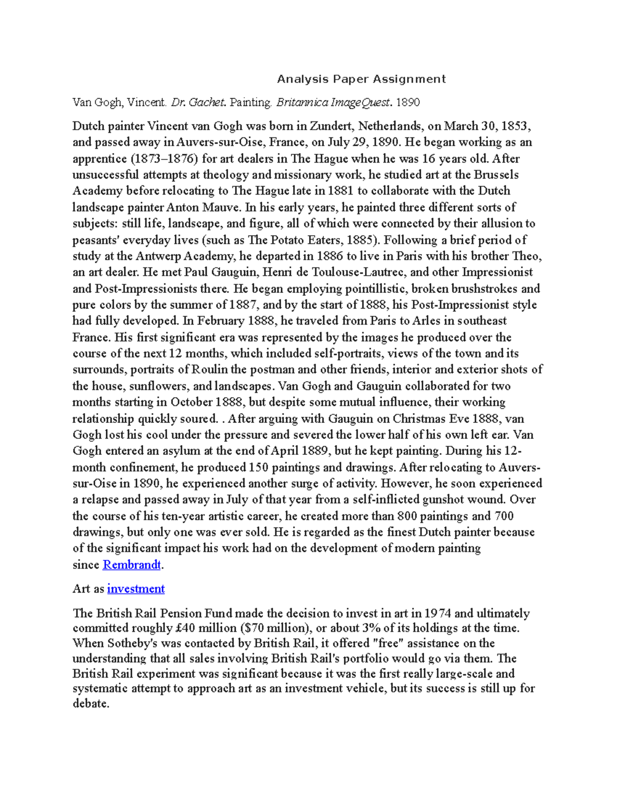 Analysis Paper Assignment - Dr. Gachet. Painting. Britannica ImageQuest ...