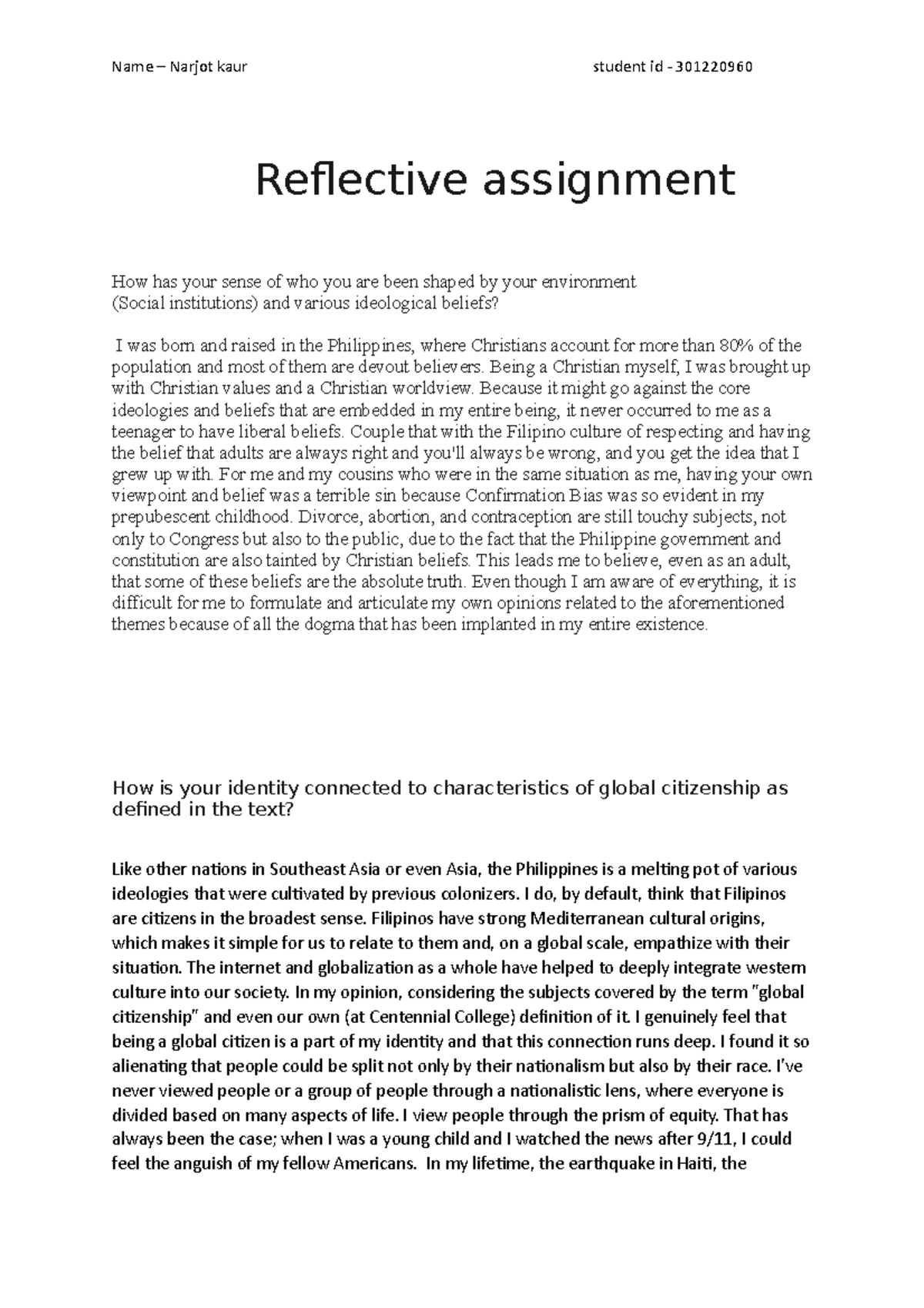 Assignment 1 - VERY USEFUL - Name – Narjot kaur student id - 301220960 ...