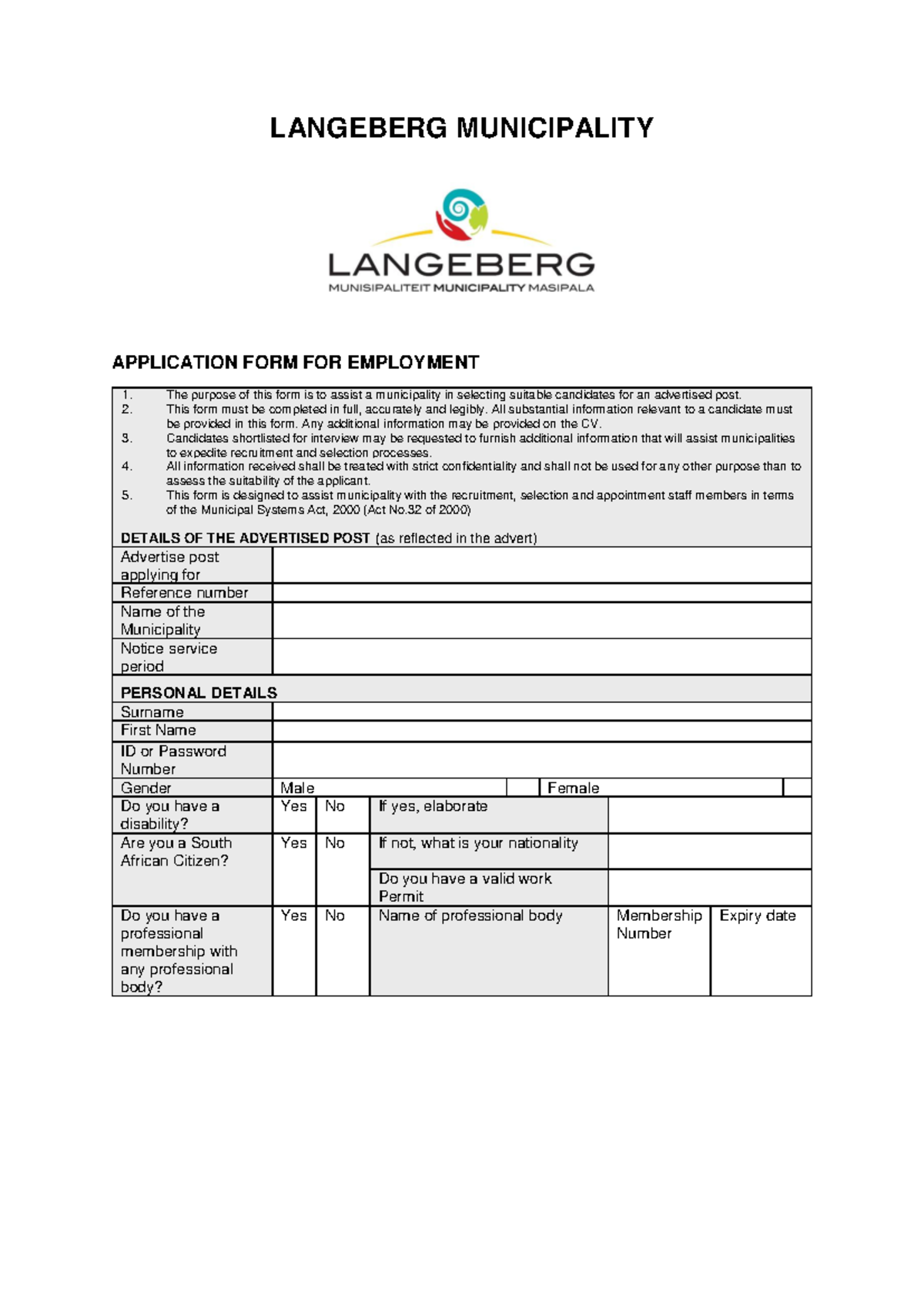 Form 1 - Research - LANGEBERG MUNICIPALITY APPLICATION FORM FOR ...