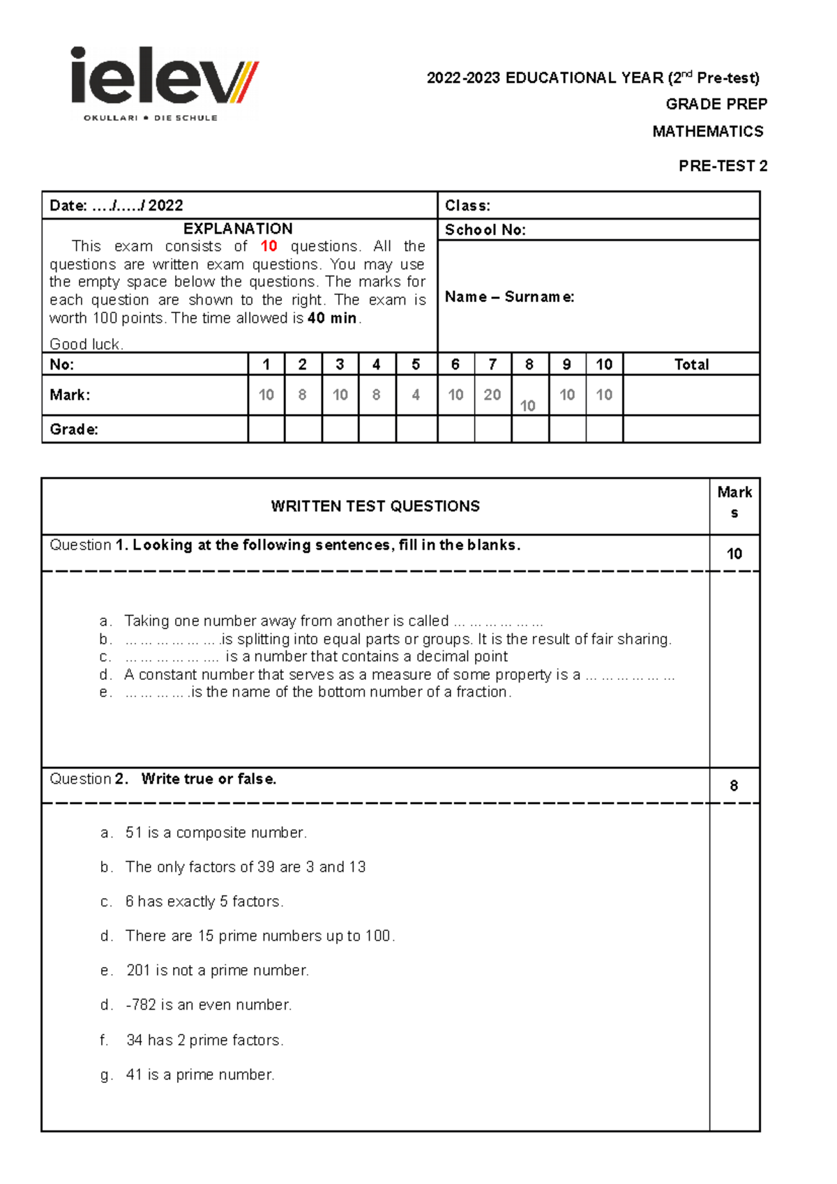 Prep Grades Pretest Version-2 - 2022-2023 EDUCATIONAL YEAR (2nd Pre ...