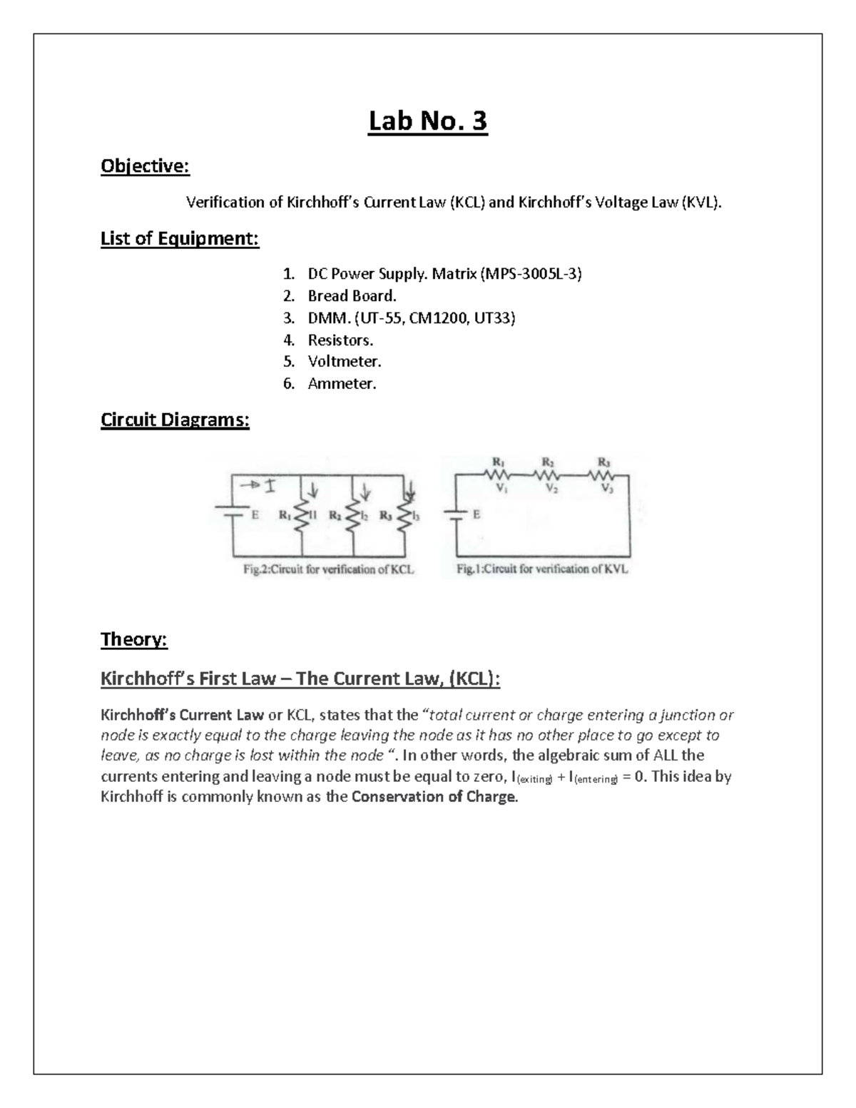 Lab 3 - Lab - Lab No. 3 Objective: Verification of Kirchhoff’s Current Law (KCL) and Kirchhoff’s ...