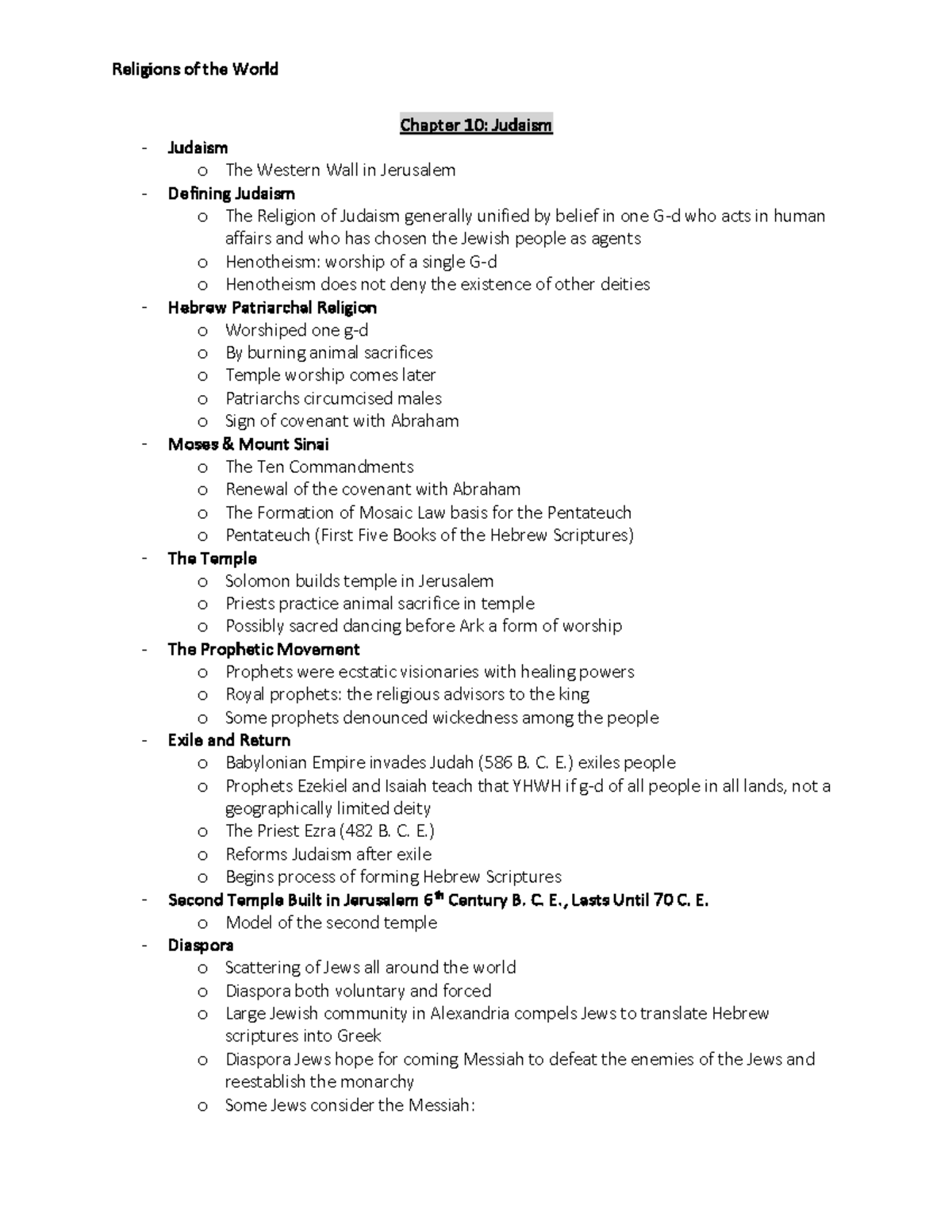 Religions of the World Notes Chapter 10 - Chapter 10 : Judaism Judaism ...
