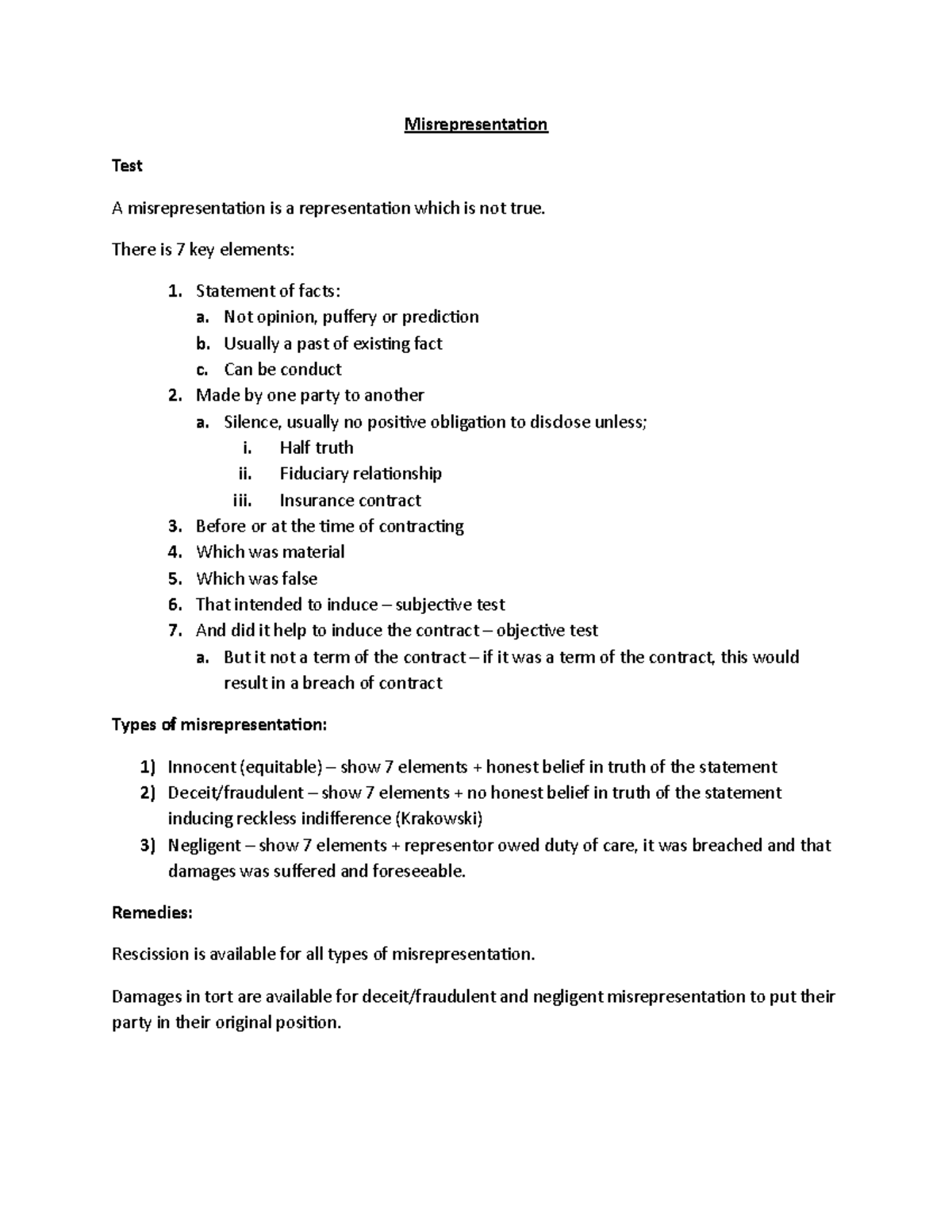 Misrepresentation Test and Types: Elements Remedies and Statutory ...