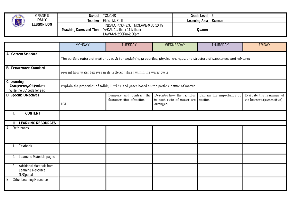 DLL- Blank 2 - Copy - JHRJXECFVUMJ - GRADE 8 DAILY LESSON LOG School ...
