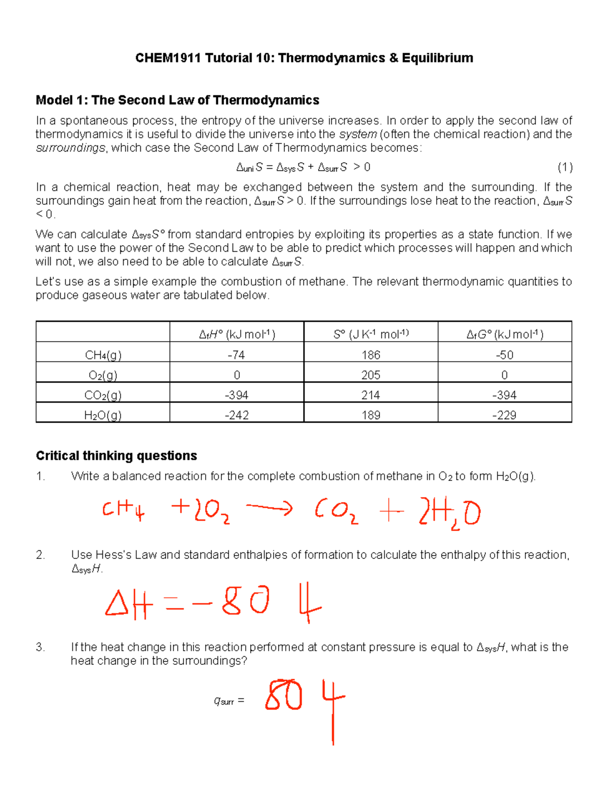 Tutorial 10 - CHEM1911 Tutorial 10: Thermodynamics & Equilibrium Model ...