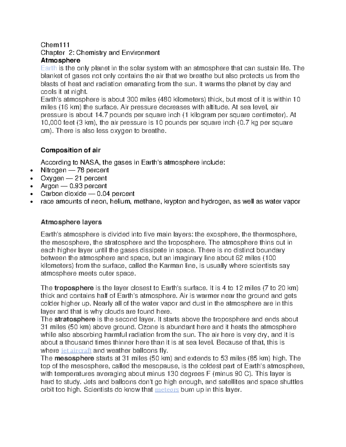 Chem111Chem and Environment - Chem Chapter 2: Chemistry and Environment ...
