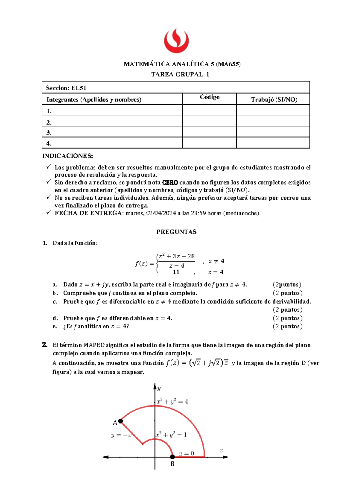 MA655 Tarea grupal 1 2024 01 EL51 - MATEMÁTICA ANALÍTICA 5 (MA655) TAREA GRUPAL 1 Sección: EL5 1 ...