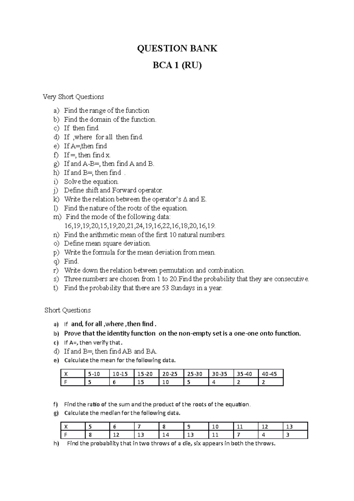 Maths Question Bank - QUESTION BANK BCA 1 (RU) Very Short Questions a ...