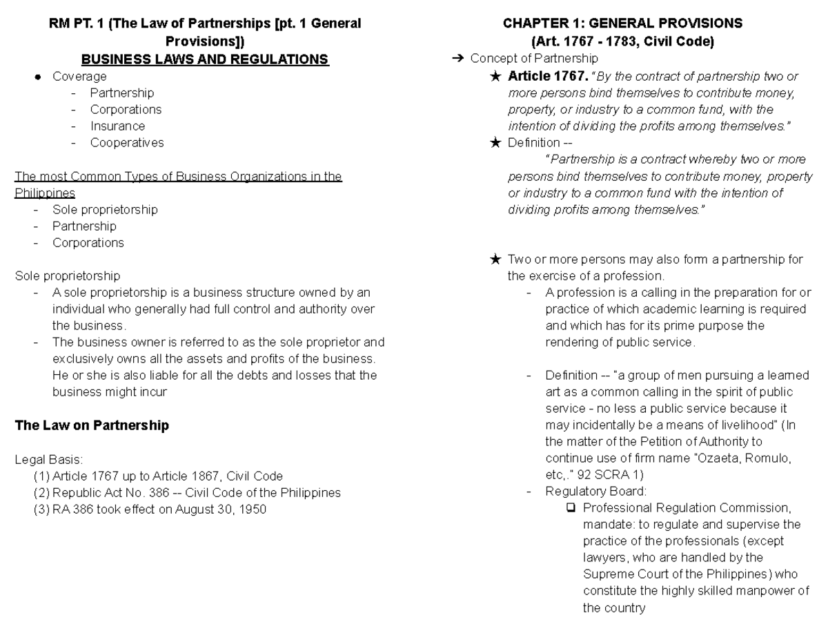 ACC 112 - Lecture notes 10 - RM PT. 1 (The Law of Partnerships [pt. 1 ...