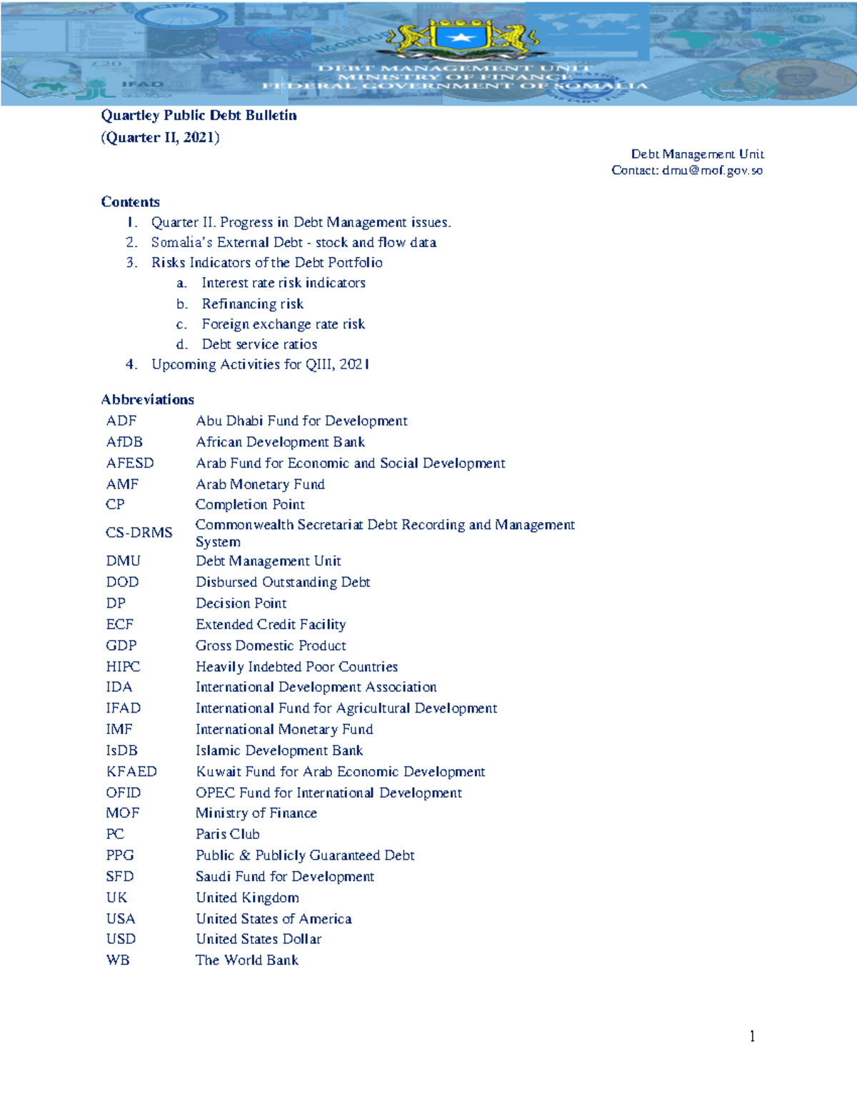 Somali Public Debt Bulletin Report QII, 2021 - Quartley Public Debt ...