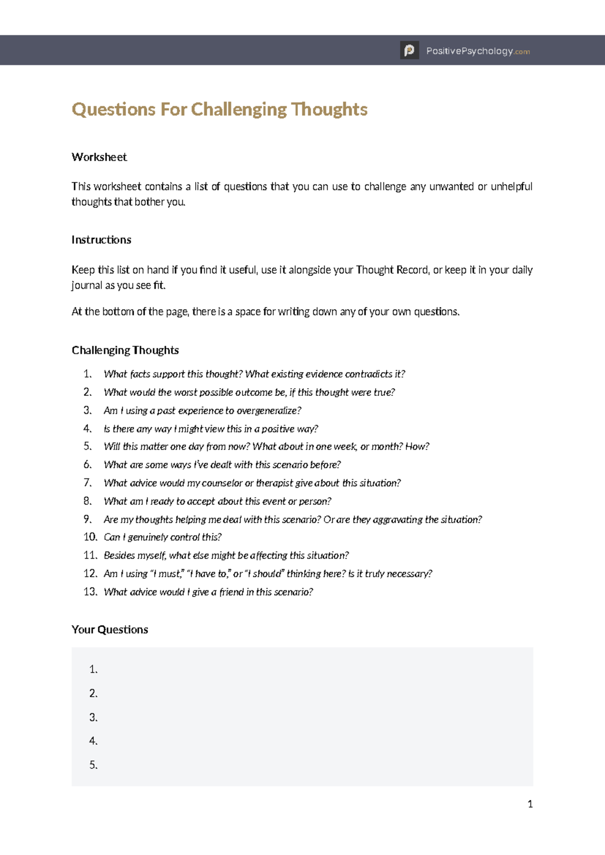 Questions For Challenging Thoughts - PositivePsychology 1 Questions For Challenging Thoughts ...