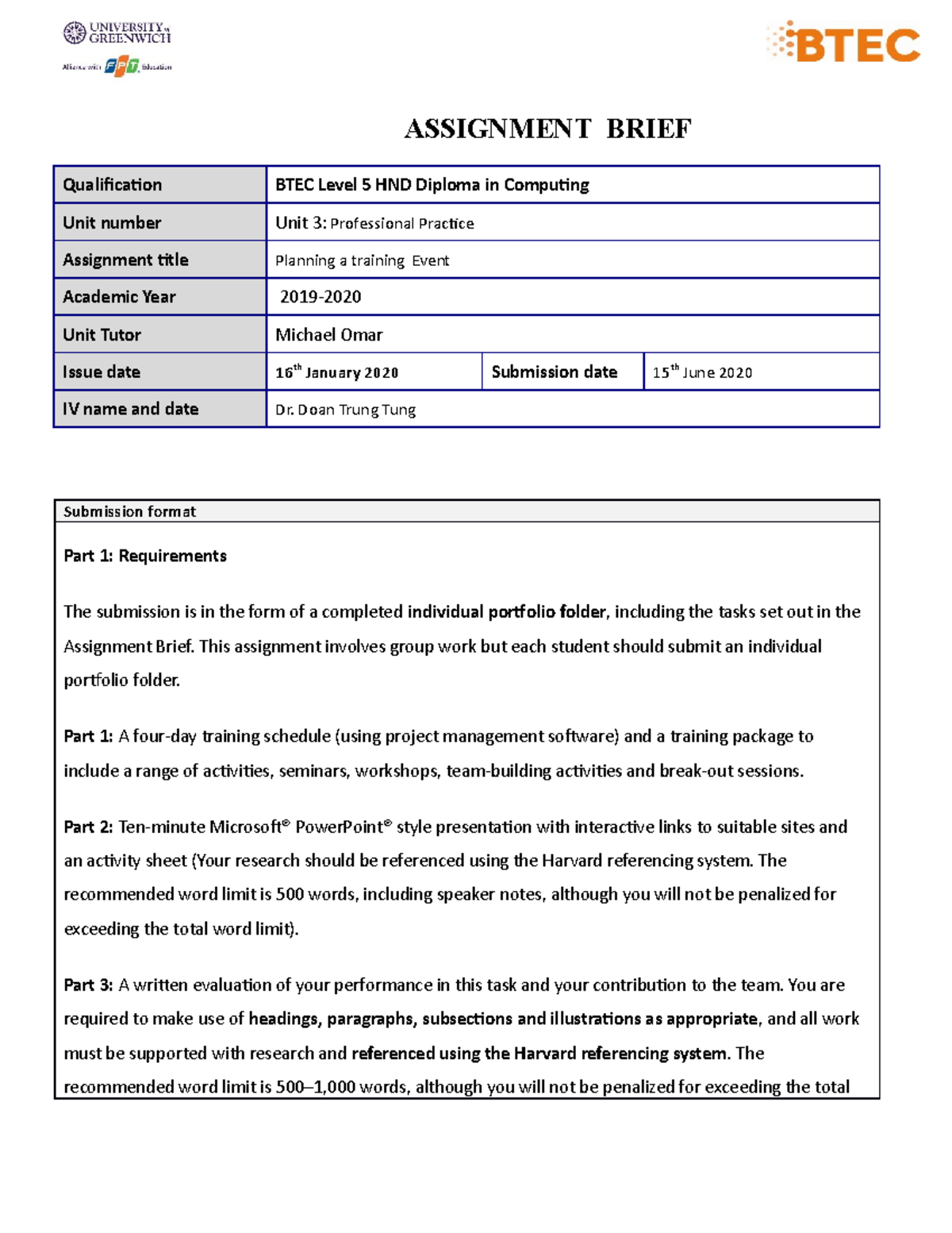 RQF-update Assignment 1 Brief-2020 PP - ASSIGNMENT BRIEF Qualification BTEC Level 5 HND Diploma ...