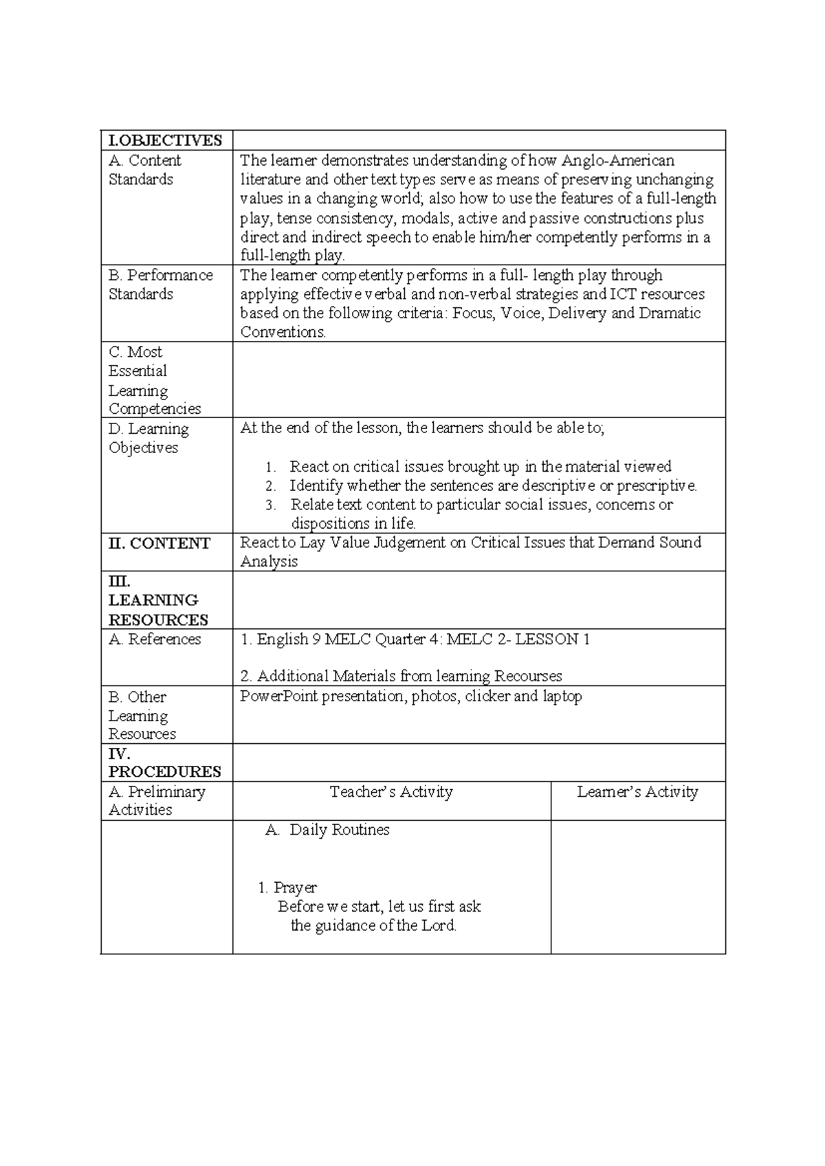 Final Grade 9 LP MELC 2- Lesson 1 - I A. Content Standards The learner ...