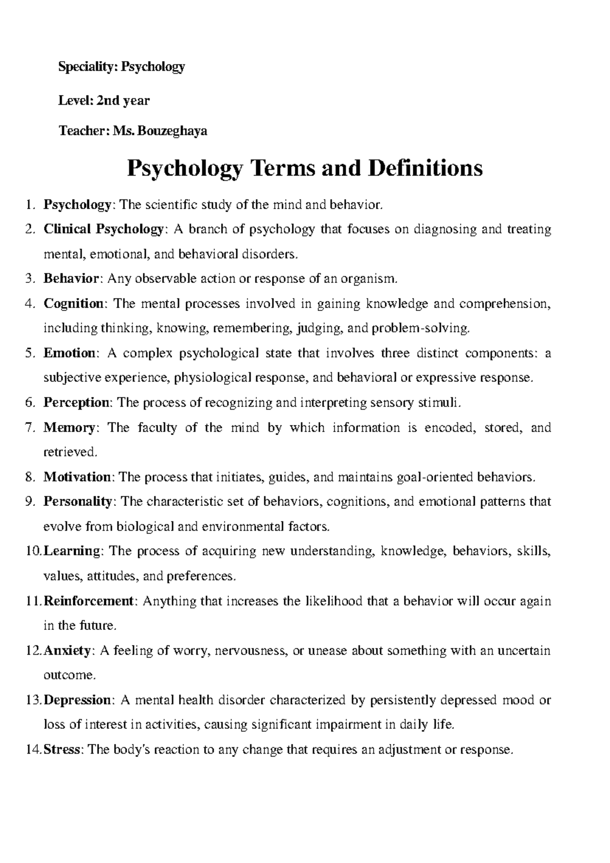Psychology Terms and Definitions - Speciality: Psychology Level: 2nd ...