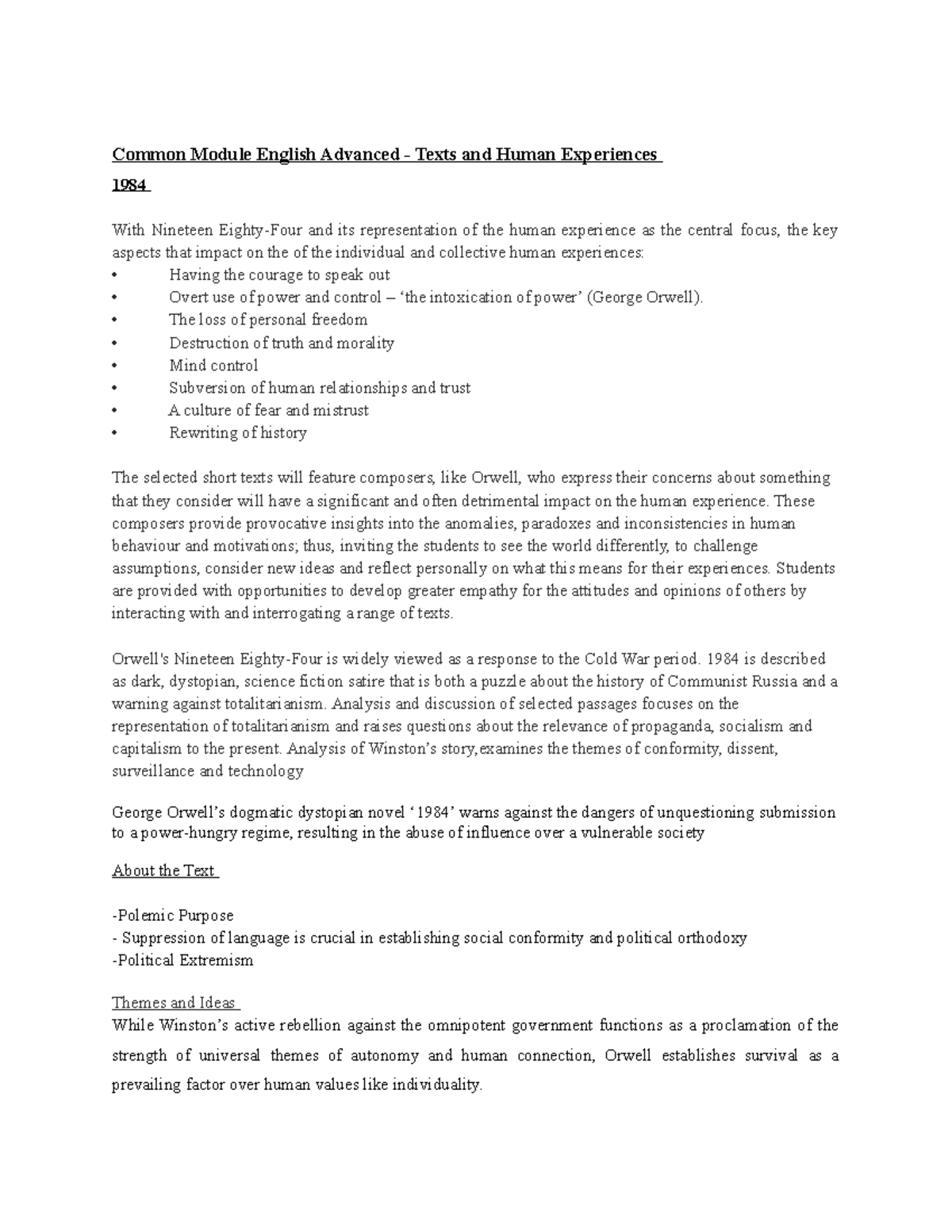 English Notes HSC - Common Module English Advanced - Texts and Human ...