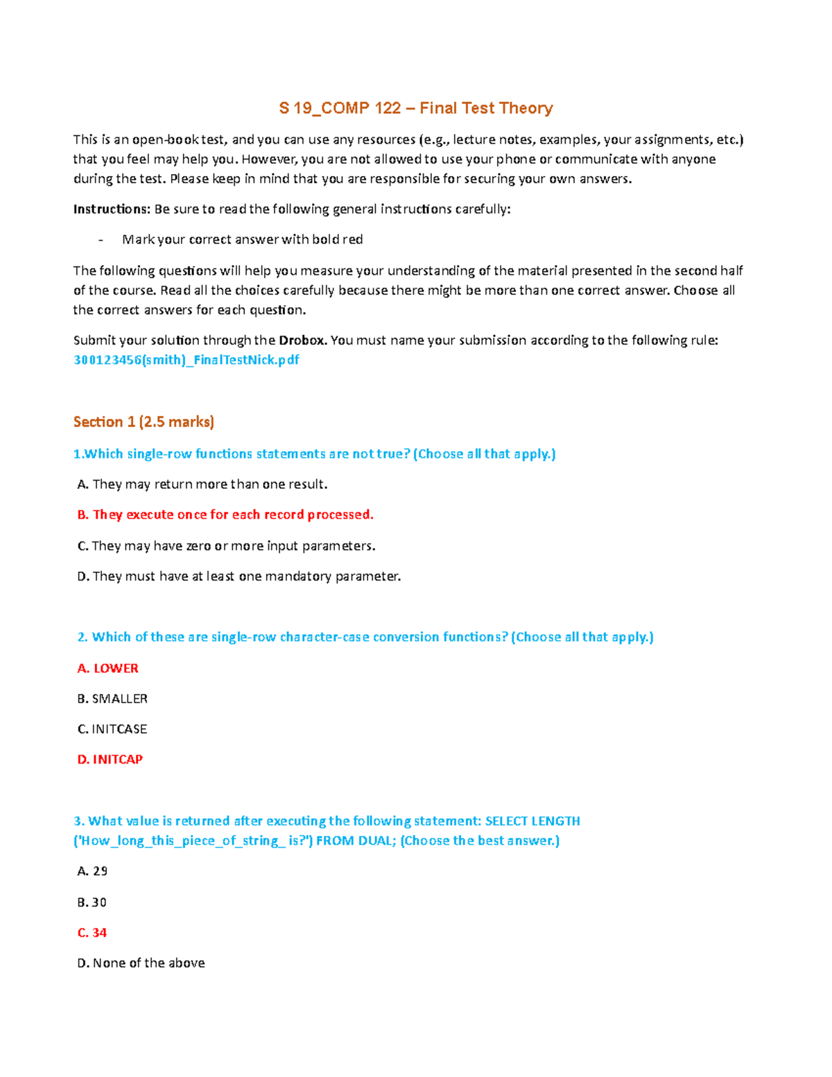 Final 8 August 2019, questions - S 19_COMP 122 – Final Test Theory This ...