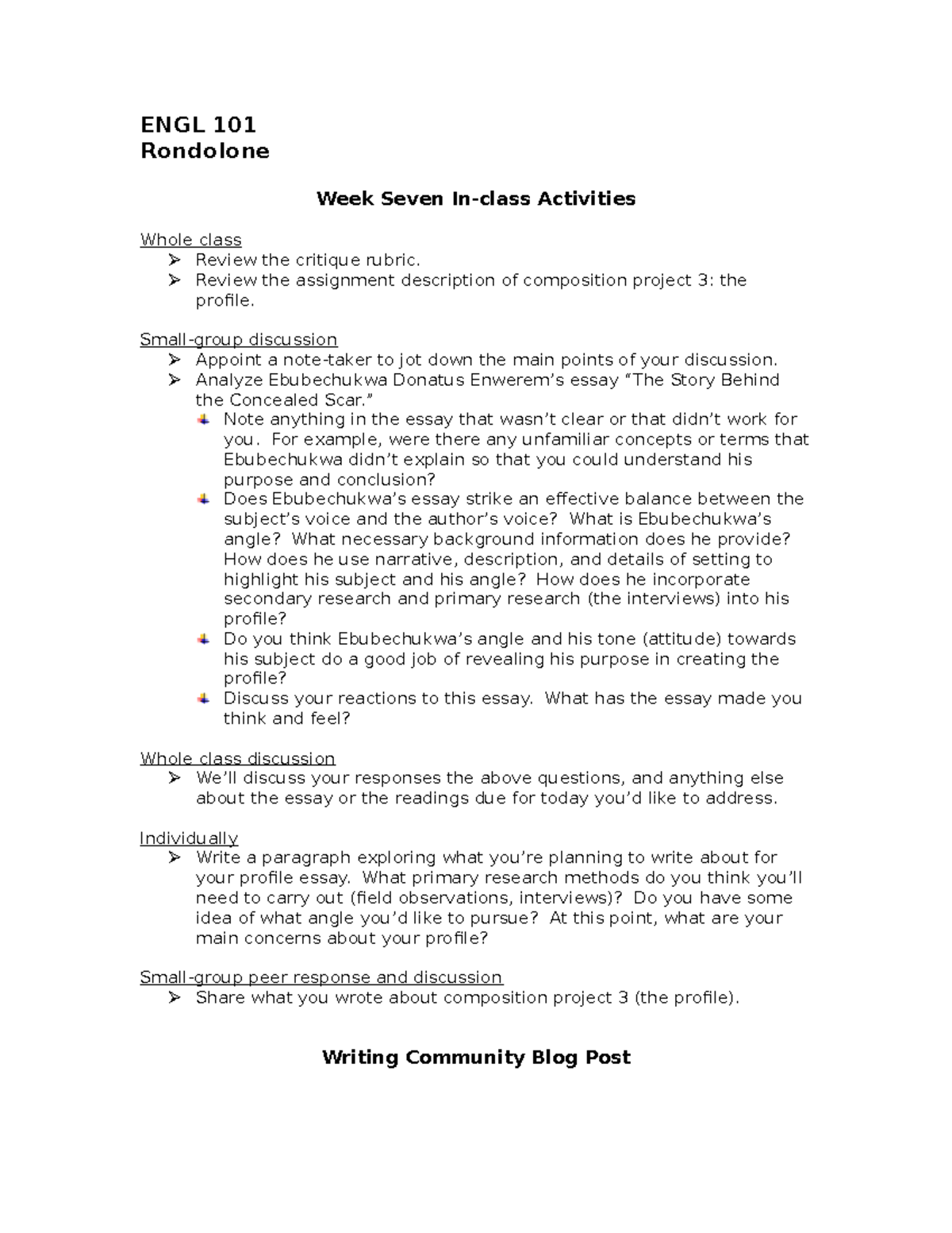 Week Seven In-Class Activities - ENGL 101 Rondolone Week Seven In-class Activities Whole class ...