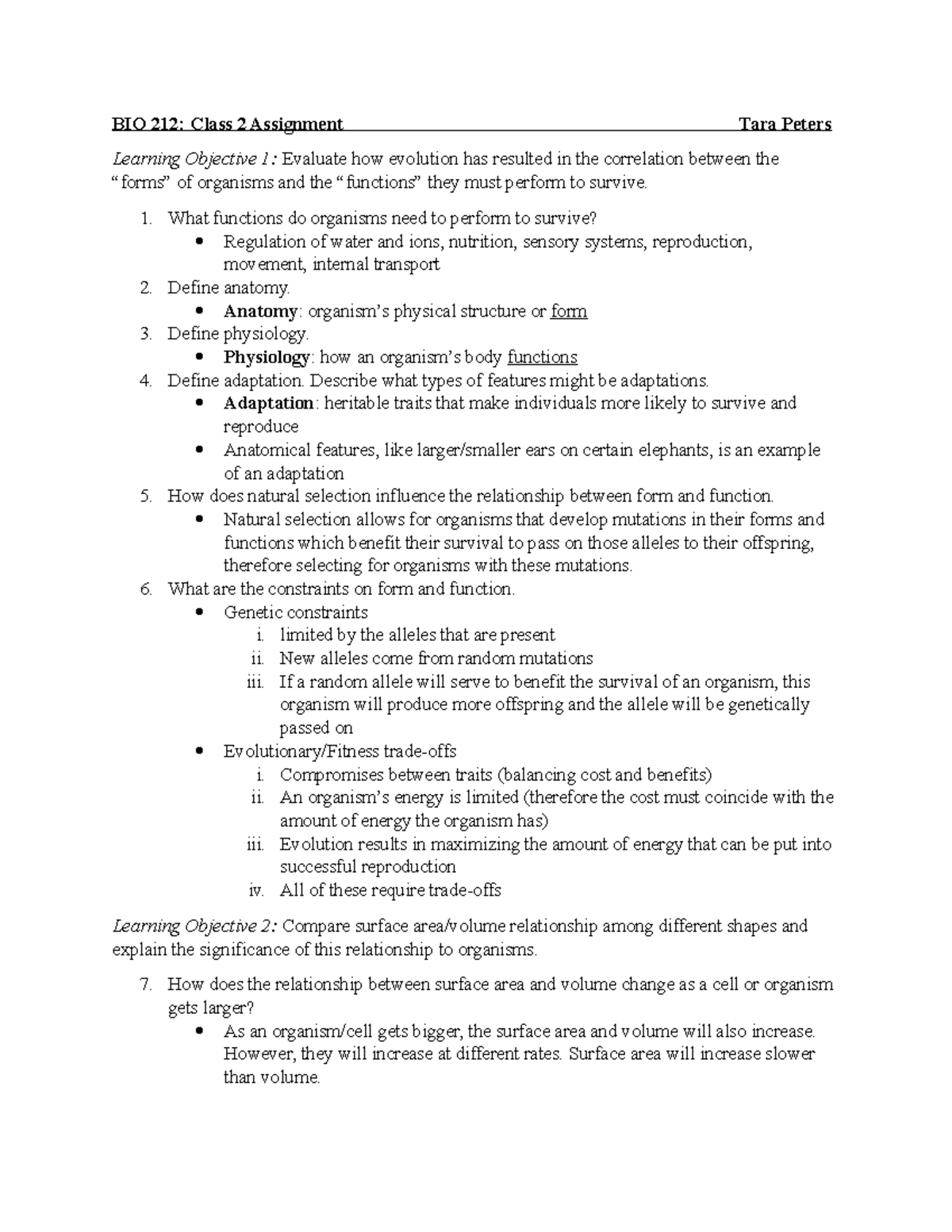BIO 212- Class 2 Assignment - BIO 212: Class 2 Assignment Tara Peters Learning Objective 1 ...