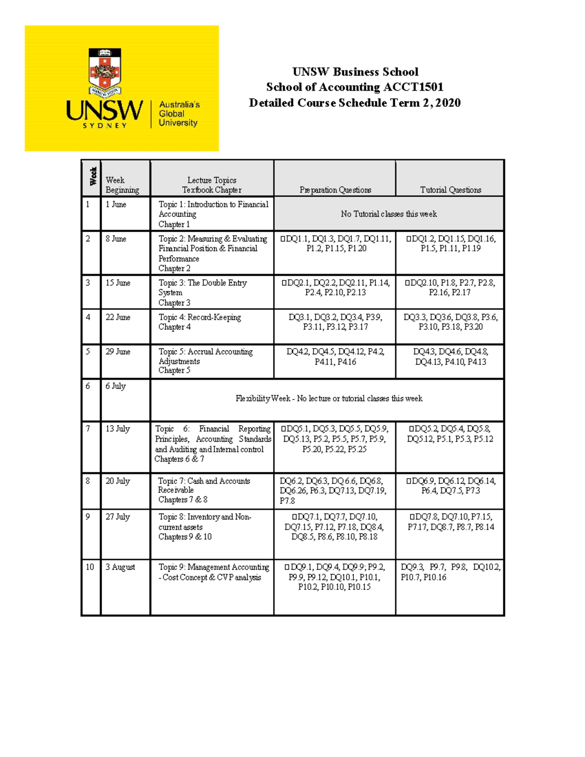ACCT1501 Course Schedule and Tutorial Questions - UNSW Business School ...