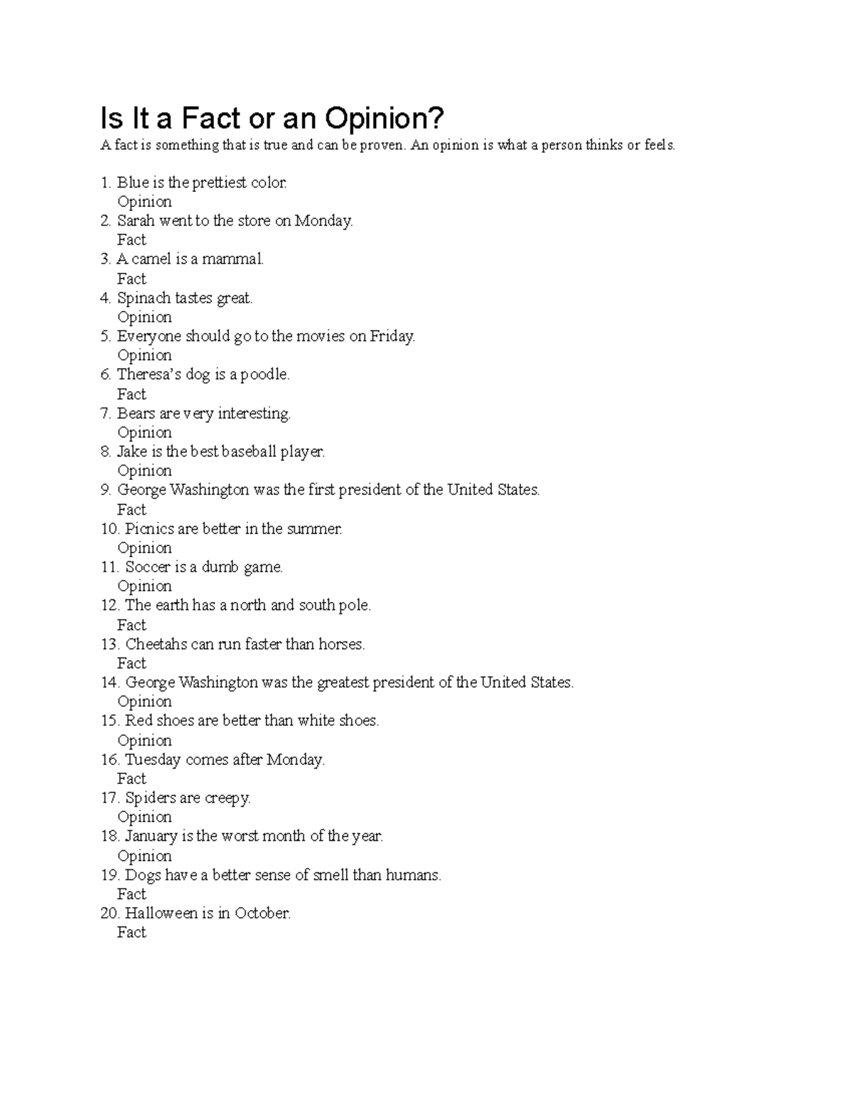 Fact v. Opinion Worksheet - Is It a Fact or an Opinion? A fact is ...