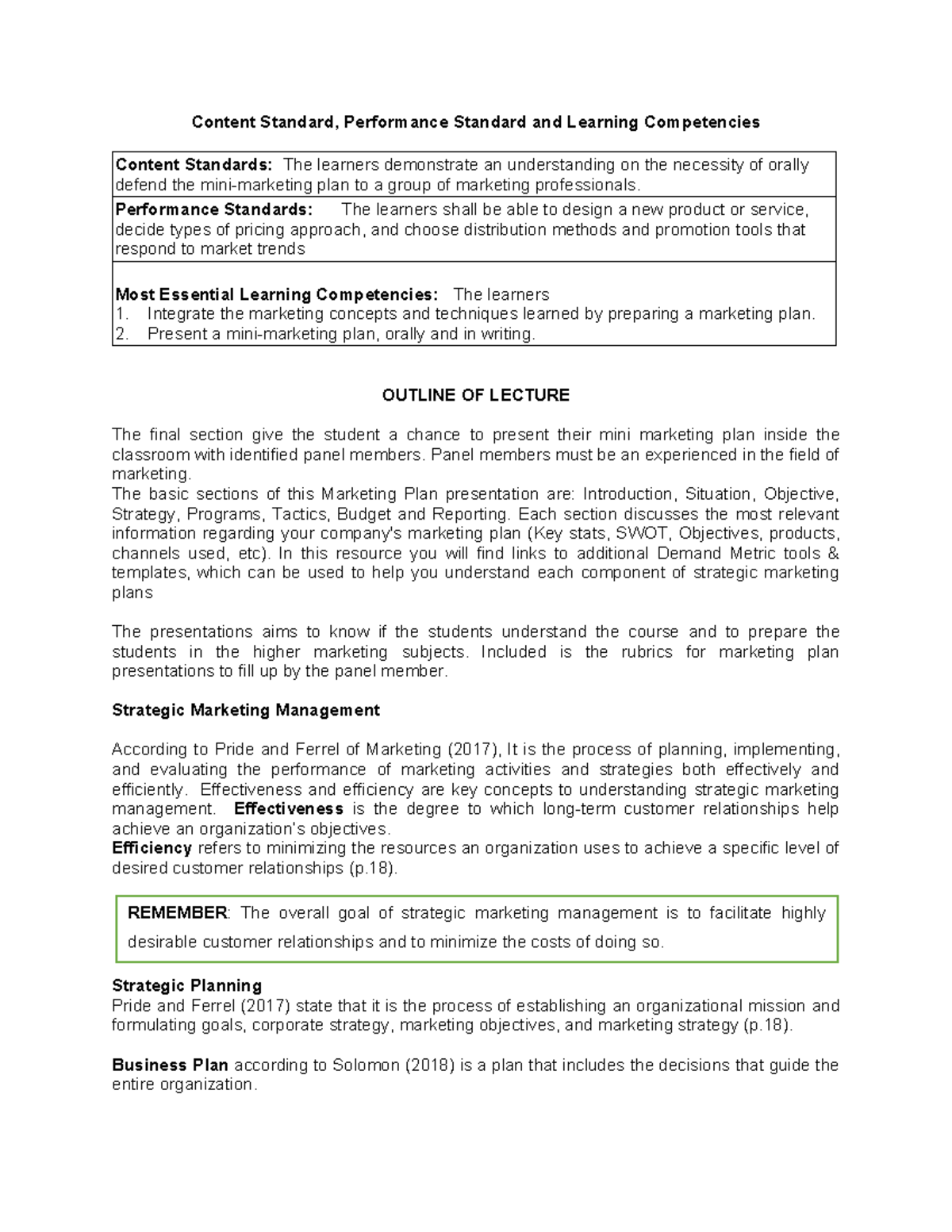 1. Outline OF Lecture FOR Marketing PLAN - Content Standard, Performance Standard and Learning ...