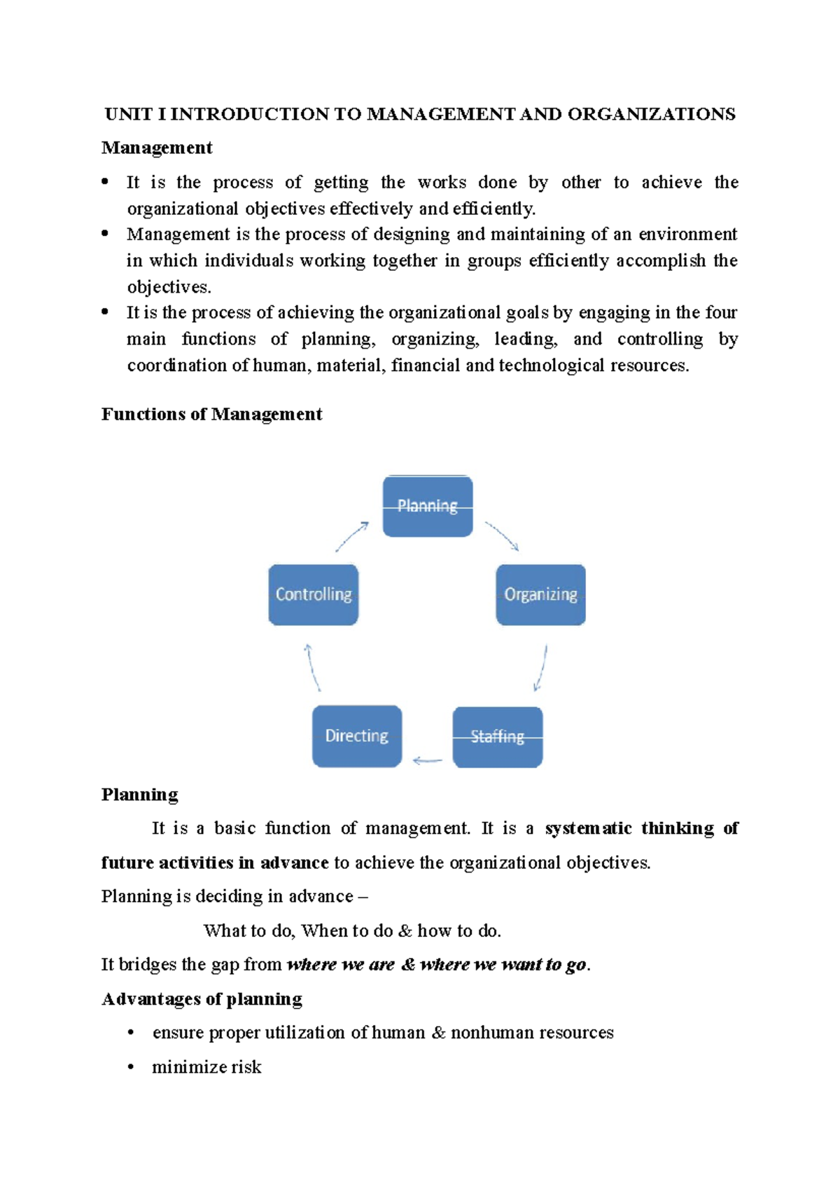 UNIT I notes - UNIT I INTRODUCTION TO MANAGEMENT AND ORGANIZATIONS ...