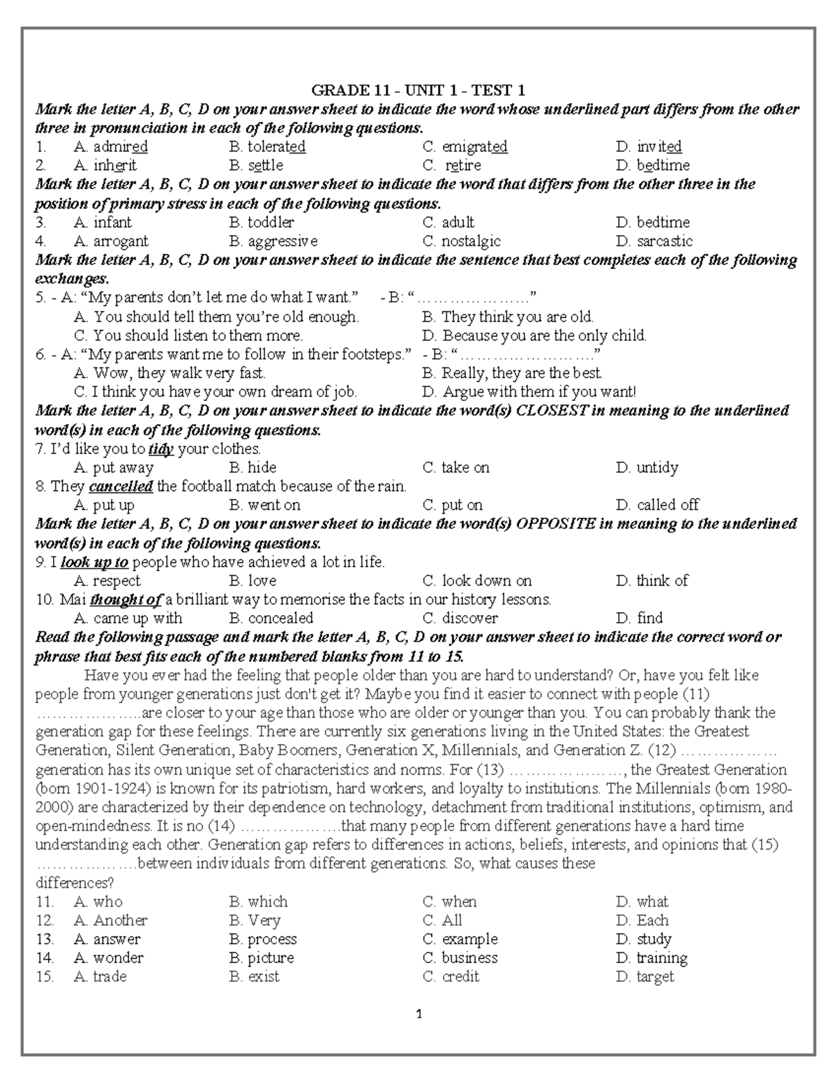Đề kiểm tra Friends Global Grade 11 - UNIT 1 - TEST 1 - ĐỀ - GRADE 11 ...