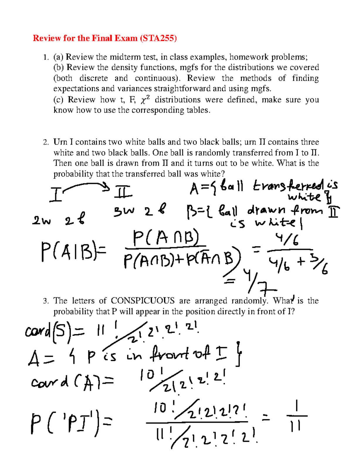Final test study guide - Review for the Final Exam (STA255) (a) Review ...