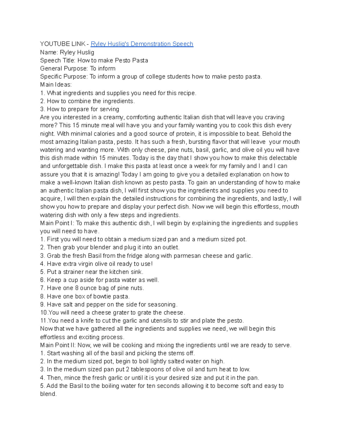 Demonstration Speech Outline - YOUTUBE LINK -Ryley Huslig's ...