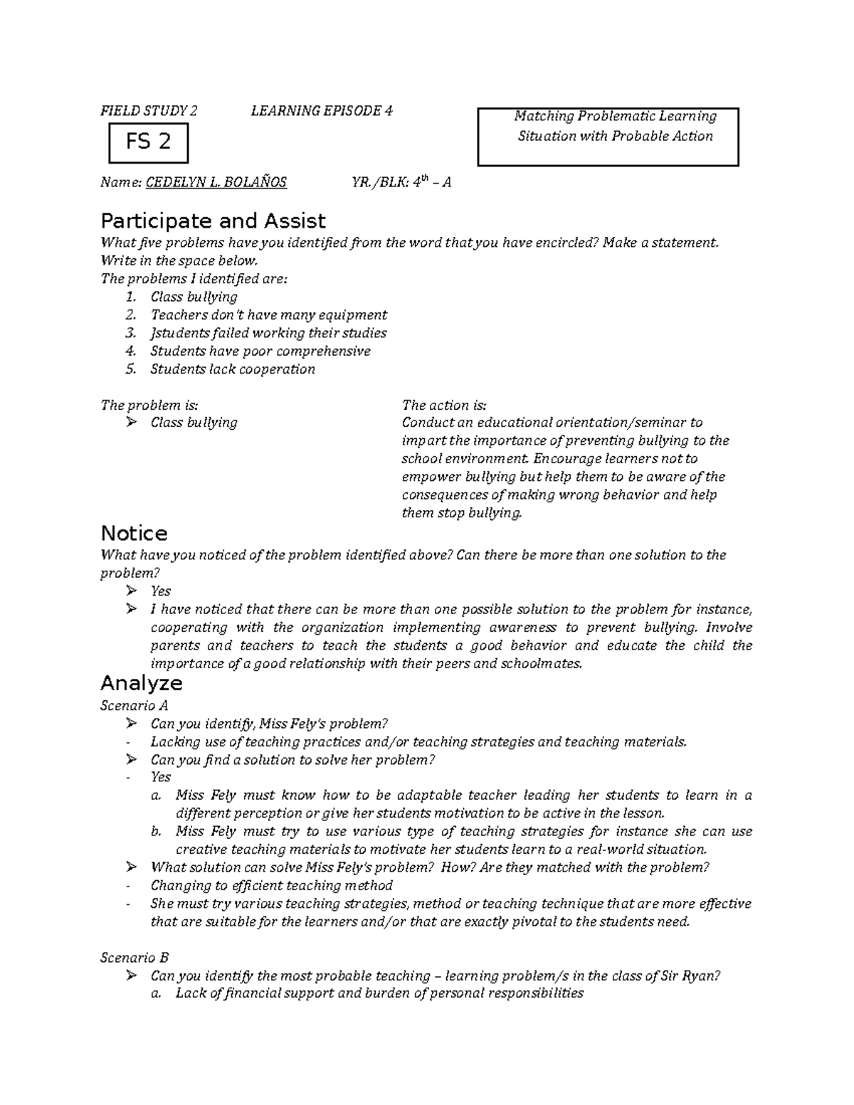 FS 2 EP 4 - FIELD STUDY 2 - FIELD STUDY 2 LEARNING EPISODE 4 Name ...