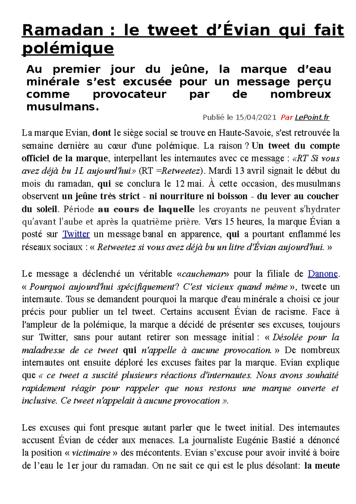 Ramadan le tweet d’Évian qui fait polémique - Ramadan : le tweet d ...
