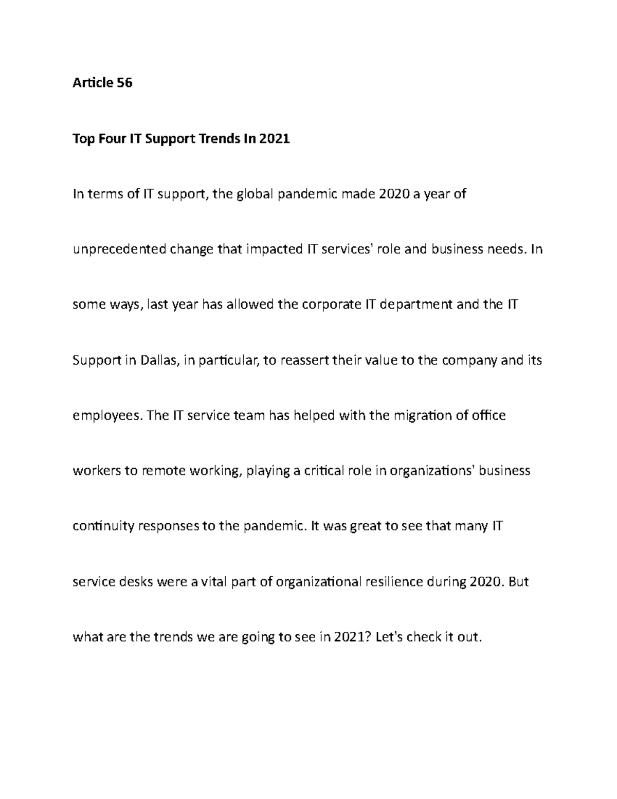 Article 56 - Article 56 Top Four IT Support Trends In 2021 In terms of ...