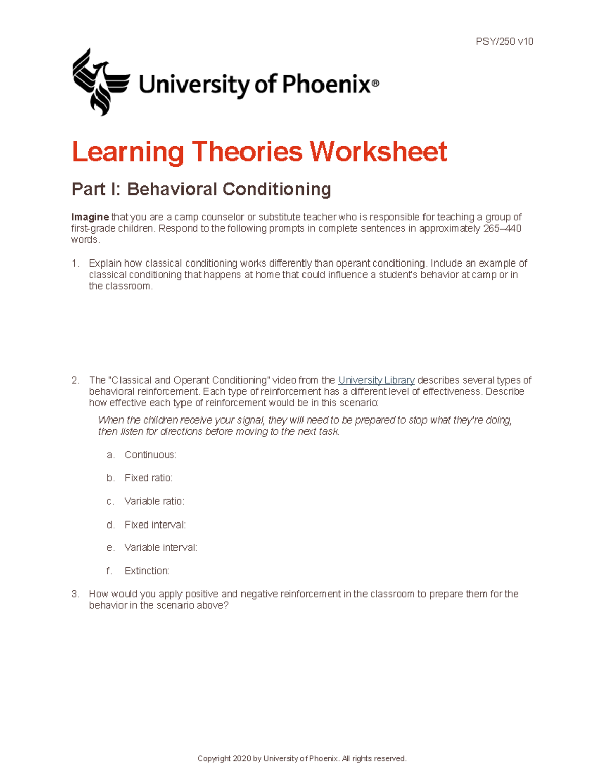 Psy250 v10 wk4 learning theories worksheet - PSY/250 v Learning ...