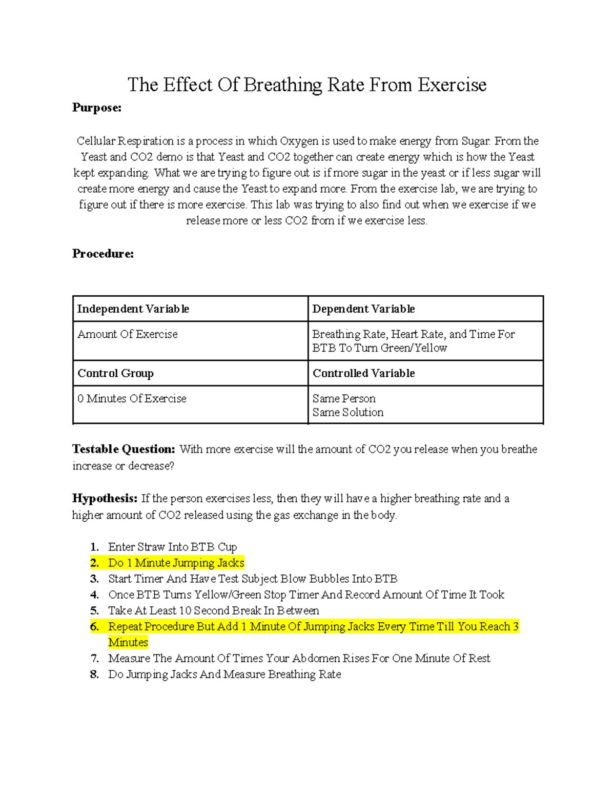 Effect of Breathing Rate from Exercise - Studocu