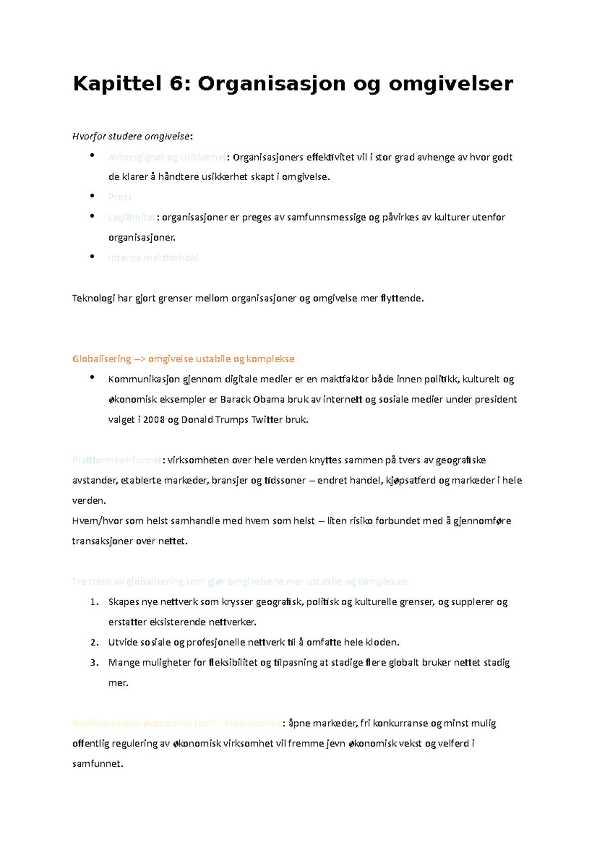 Kapittel 6- Organisasjon og omgivelser - ORG1001 - Studocu