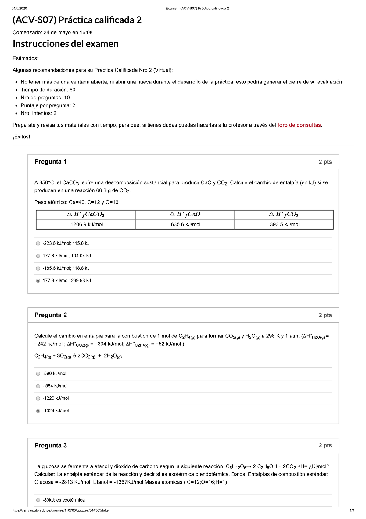 Práctica Calificada 2 Química - (ACV-S07) Práctica calicada 2 Comenzado: 24 de mayo en 16: - Studocu