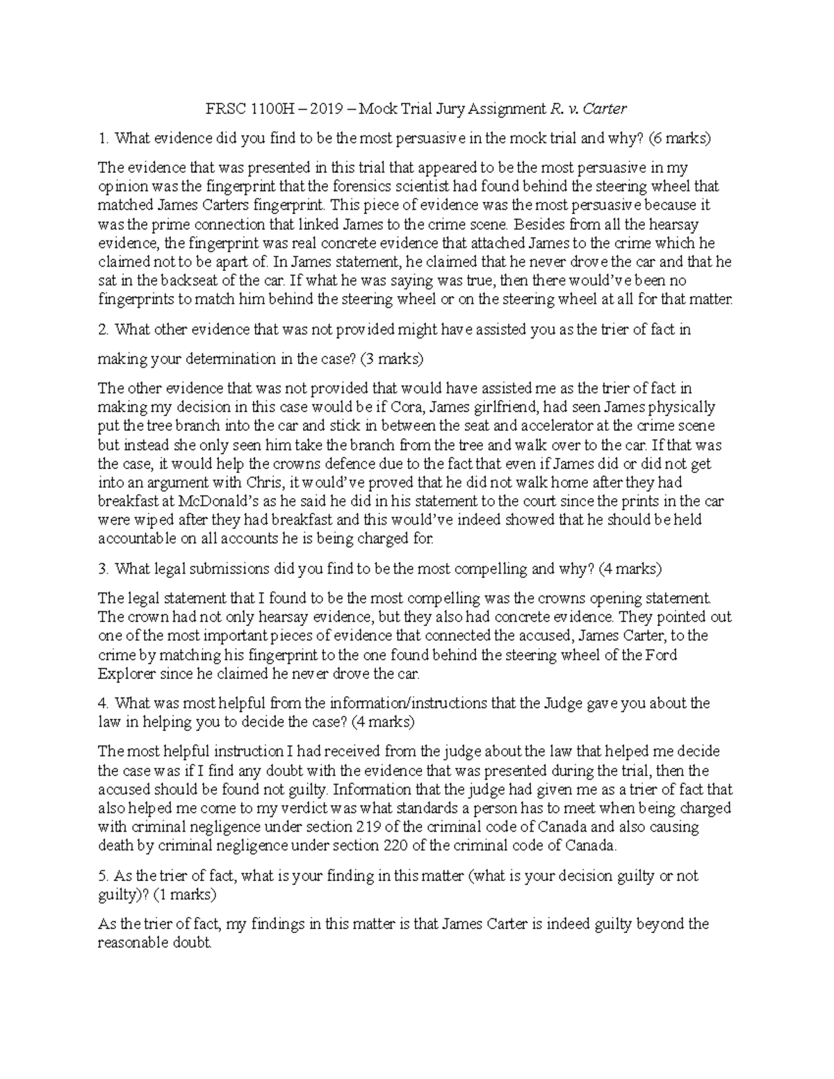 Mock Trial - v. Carter What evidence did you find to be the most ...