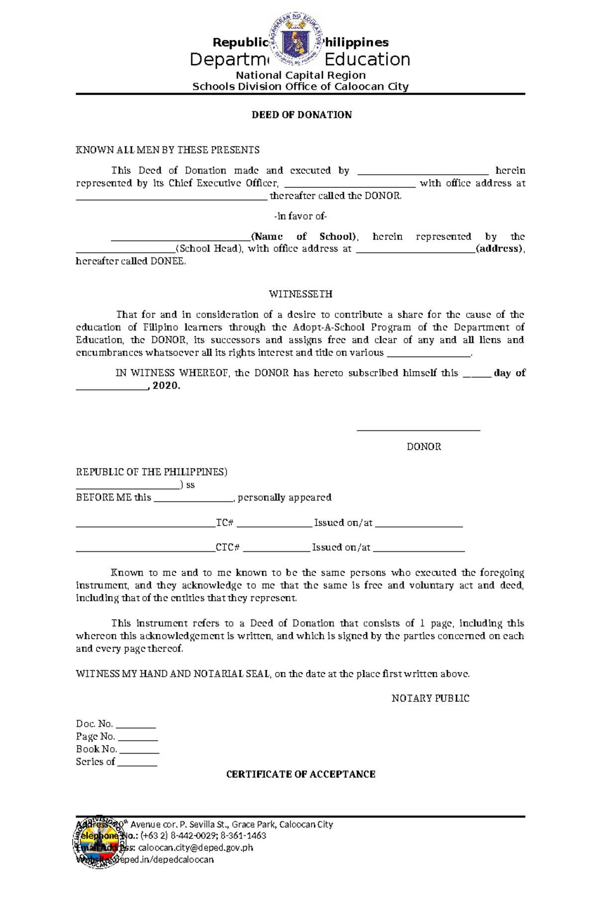 Sample - DEED OF Donation AND Acceptance - Republic of the Philippines ...