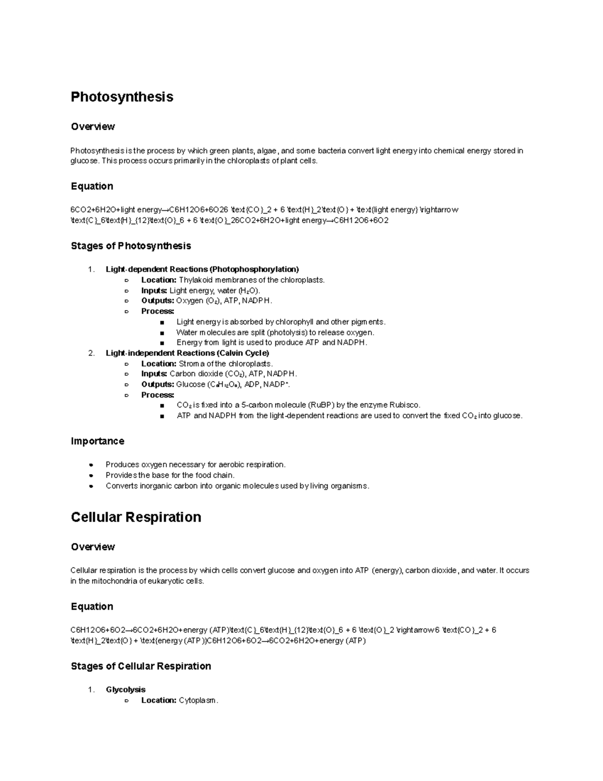 Photosynthesis and Cellular Respiration notes - Photosynthesis Overview ...